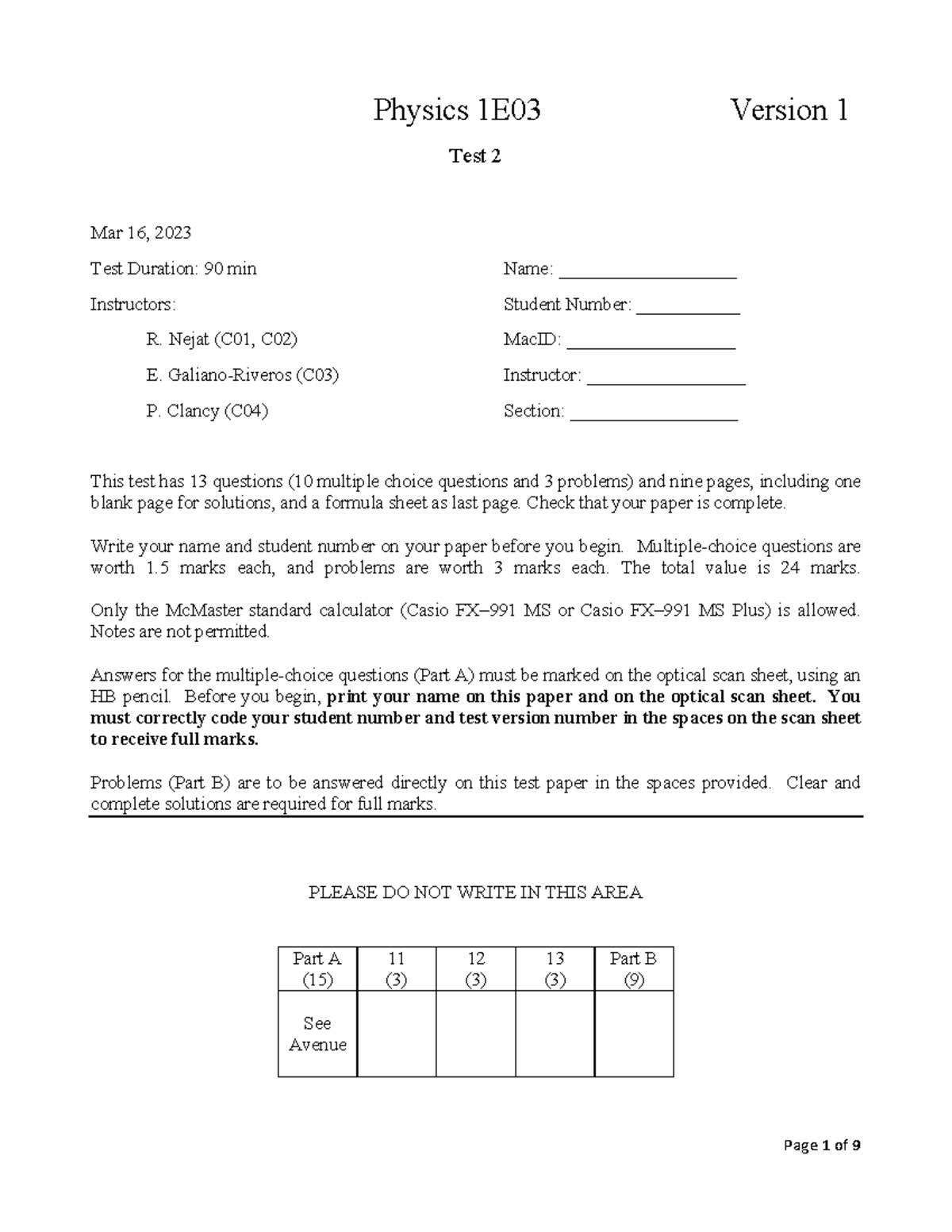 Test2 Cover Formula - Page 1 of 9 Physics 1E03 Version 1 Test 2 Mar 16 ...