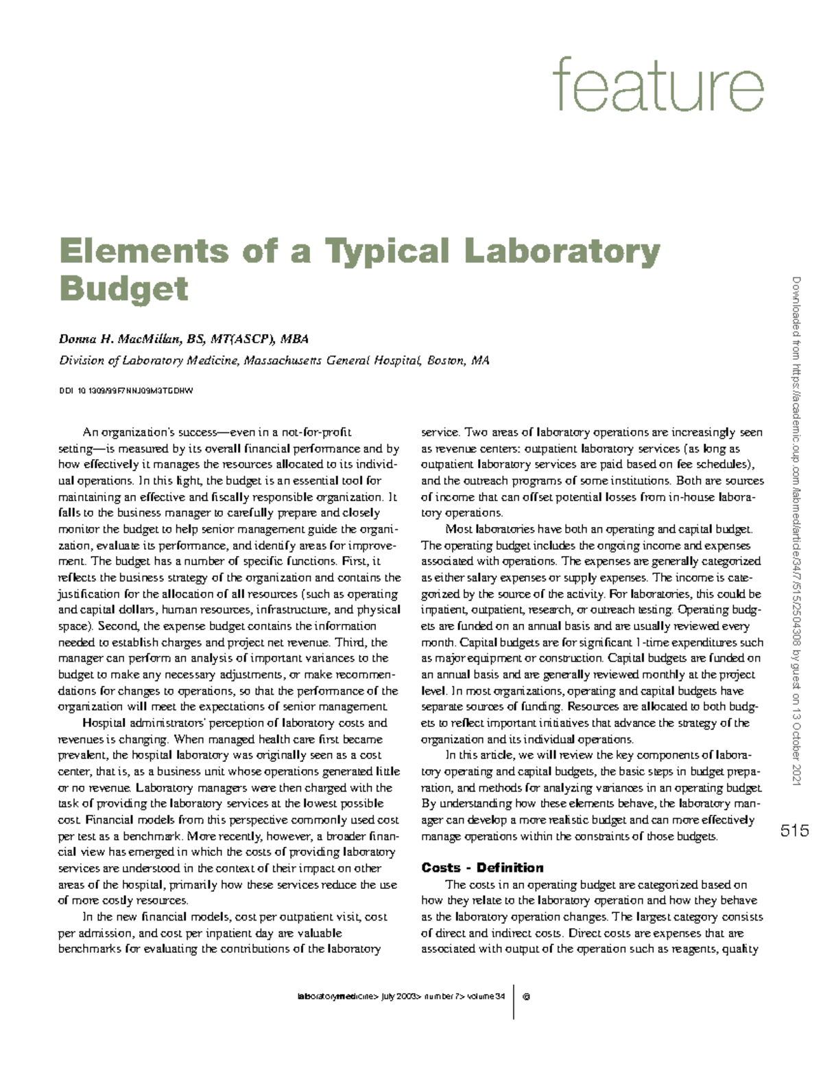 Elements of a Typical Laboratory Budget - ####### An organization's ...
