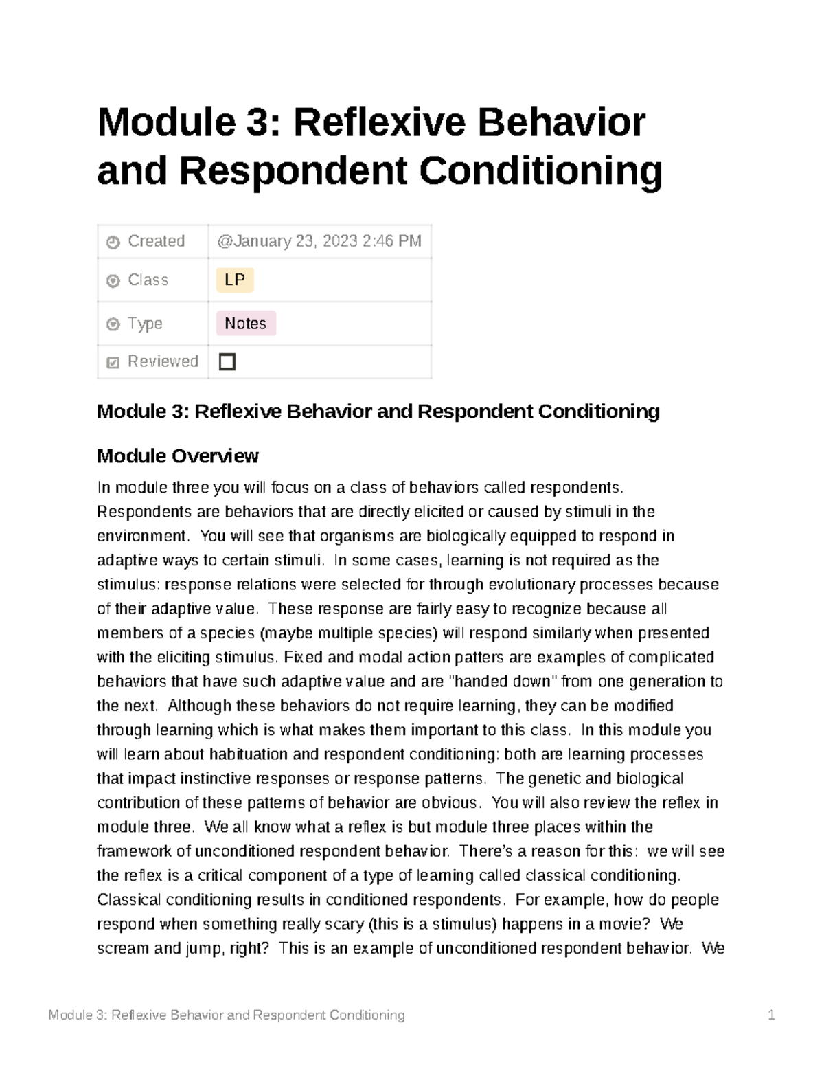 Module 3 Reflexive Behavior and Respondent Conditioning - Module 3: Reflexive Behavior and - Studocu