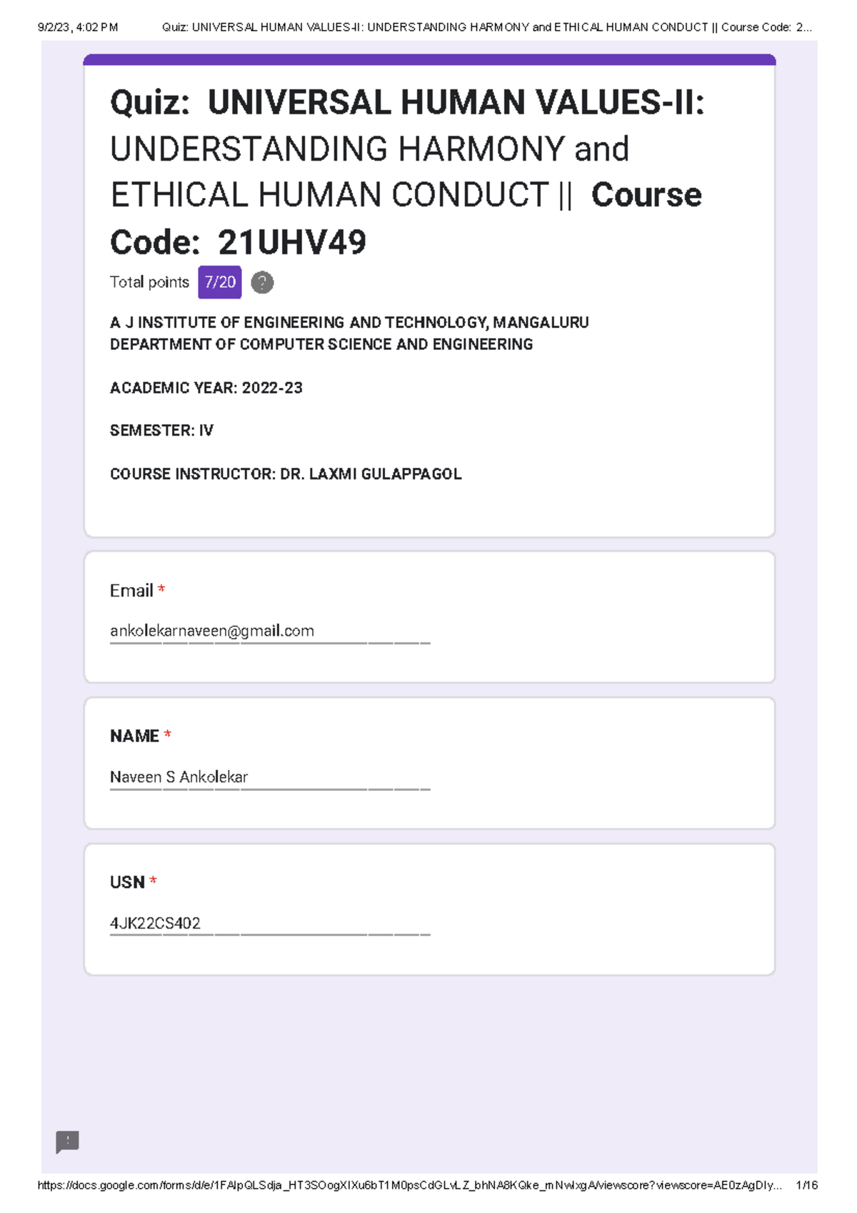 Quiz Universal Human Values-II Understanding Harmony and Ethical Human ...