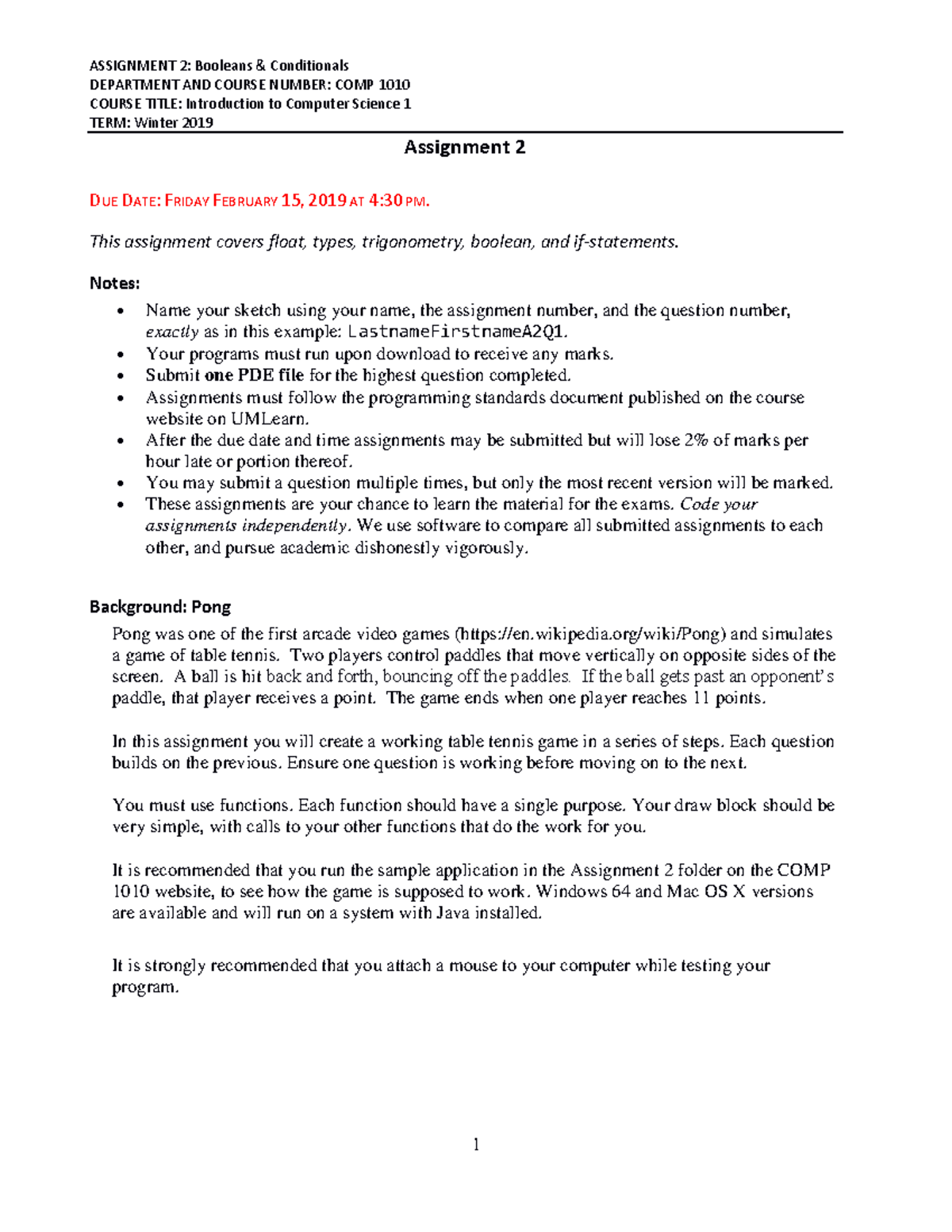 Assignment 2-COMP1010-Winter 2019 - ASSIGNMENT 2: Booleans & Conditionals DEPARTMENT AND - Studocu