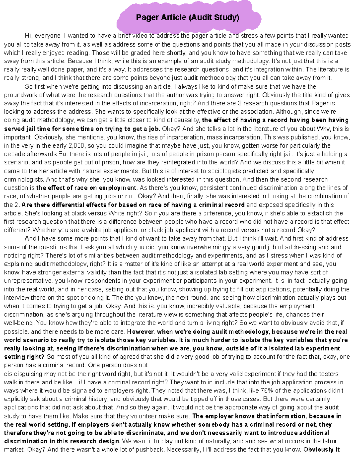 Week 14 Pager Article - Pager Article (Audit Study) Hi, everyone. I ...