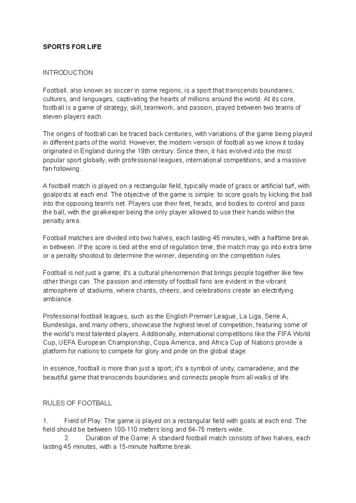 VAC - about football - SPORTS FOR LIFE INTRODUCTION Football, also ...