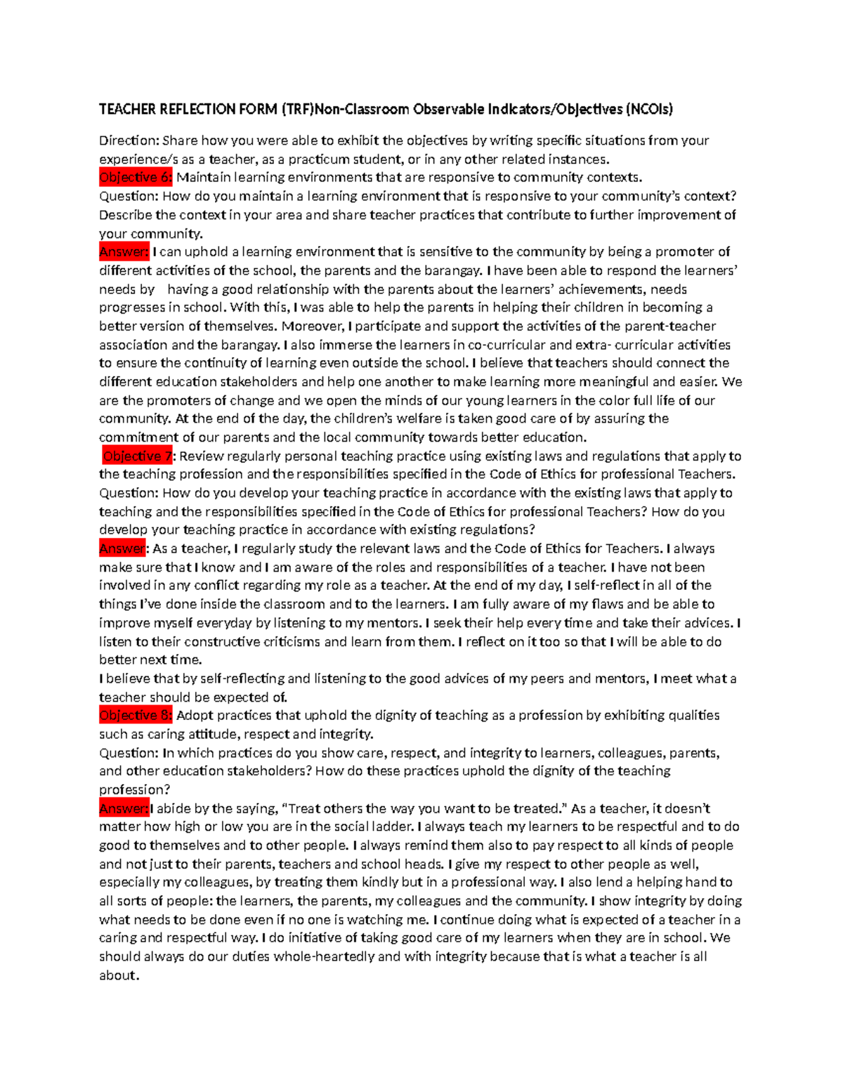 Teacher Reflection FORM - TEACHER REFLECTION FORM (TRF)Non-Classroom ...