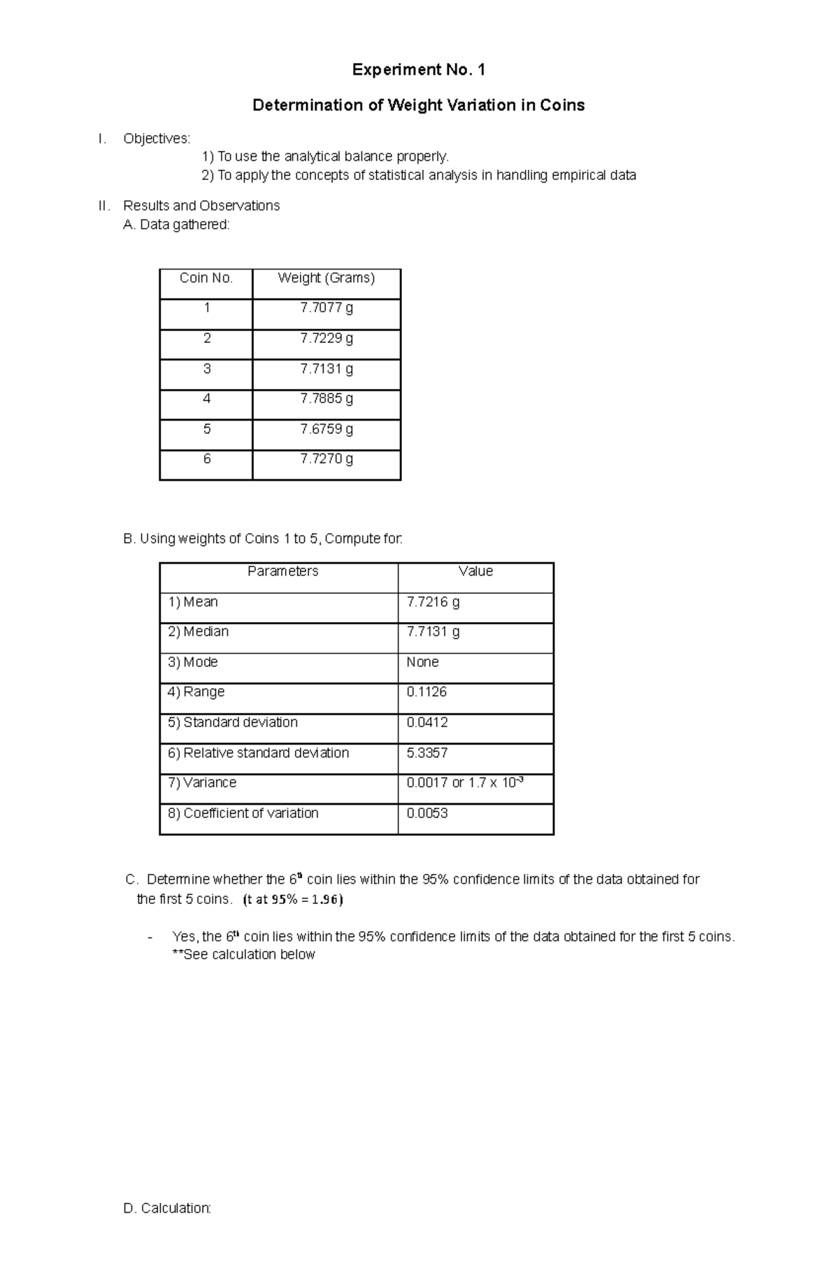 Experiment 1 Determination of Weight Variation in Coins - Experiment No ...