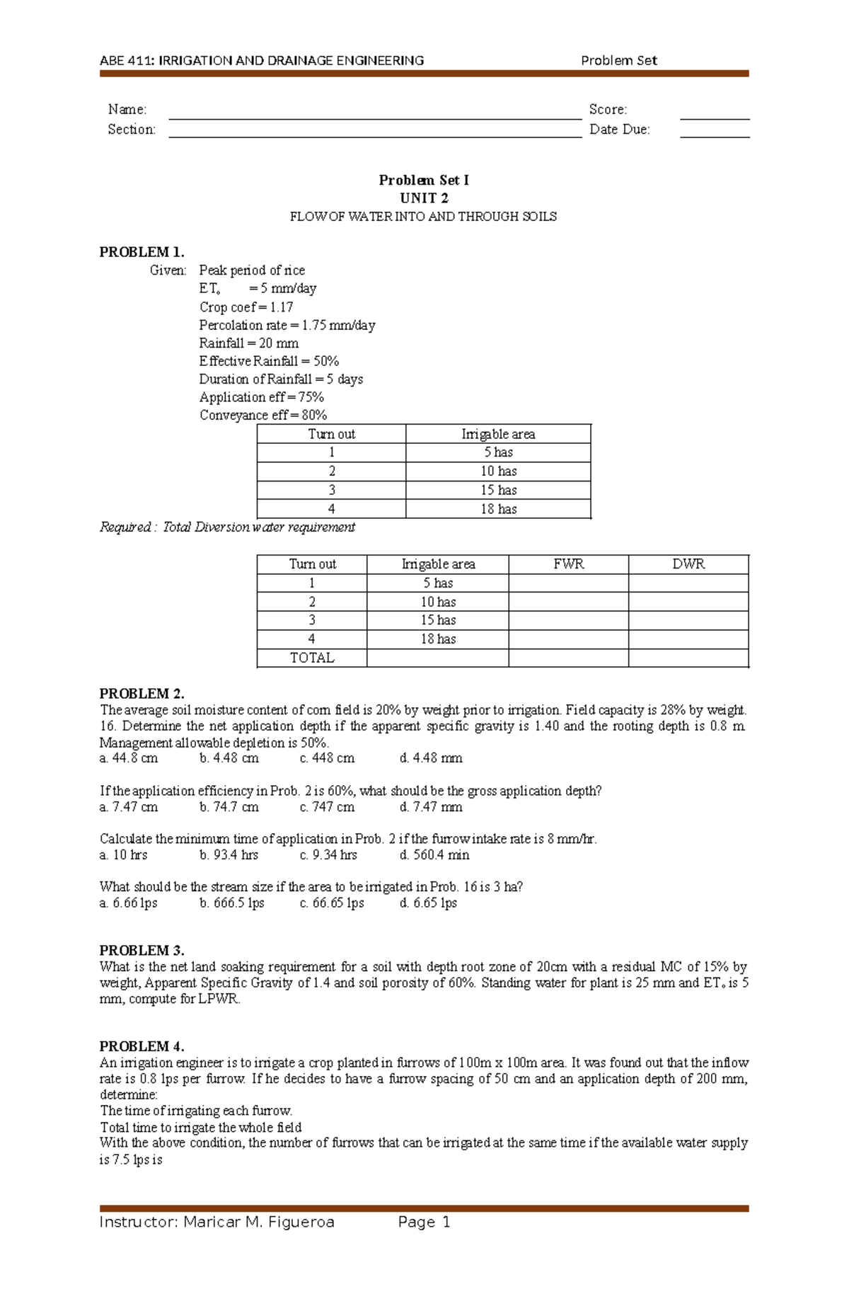 Problemset 1 - practice set - ABE 411: IRRIGATION AND DRAINAGE ...
