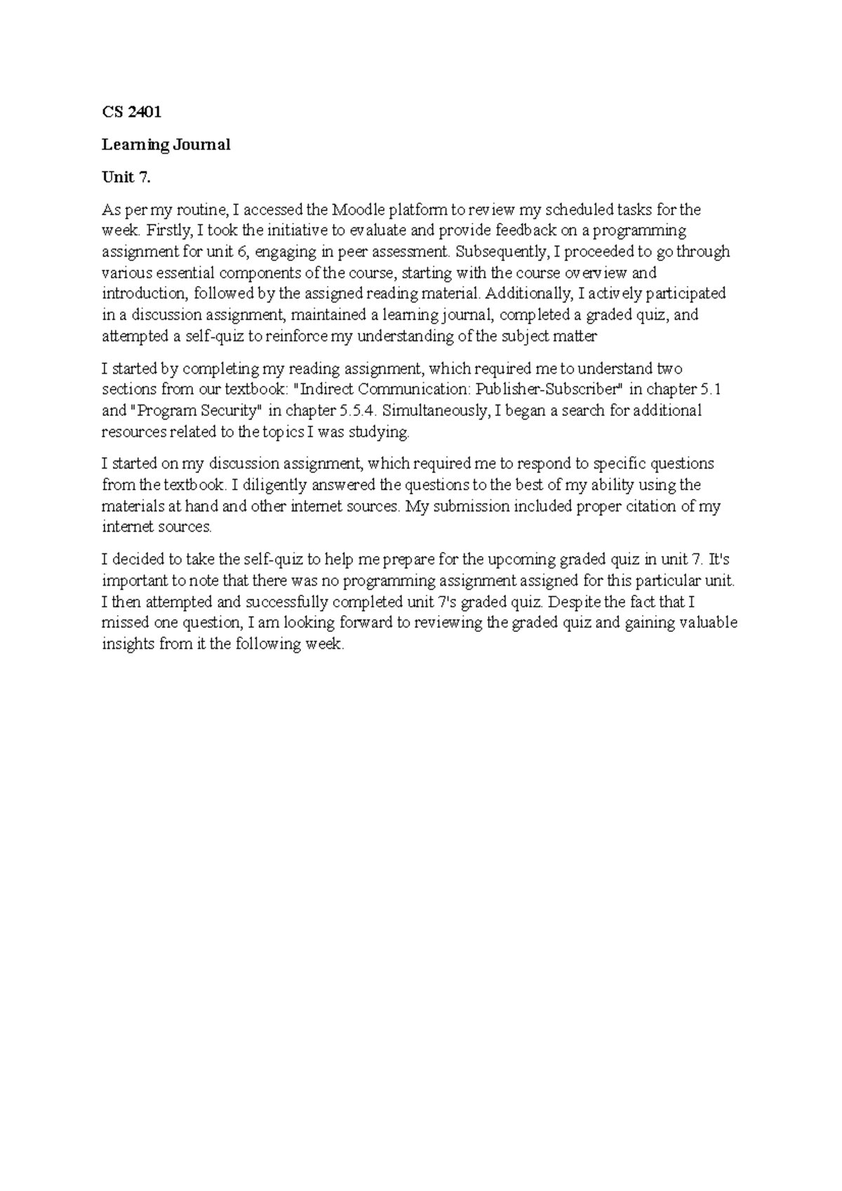 CS 2401 Learning Journal Unit 7 - As per my routine, I accessed the ... CS 2401 Learning Journal Unit 7 - As per my routine, I accessed the ...