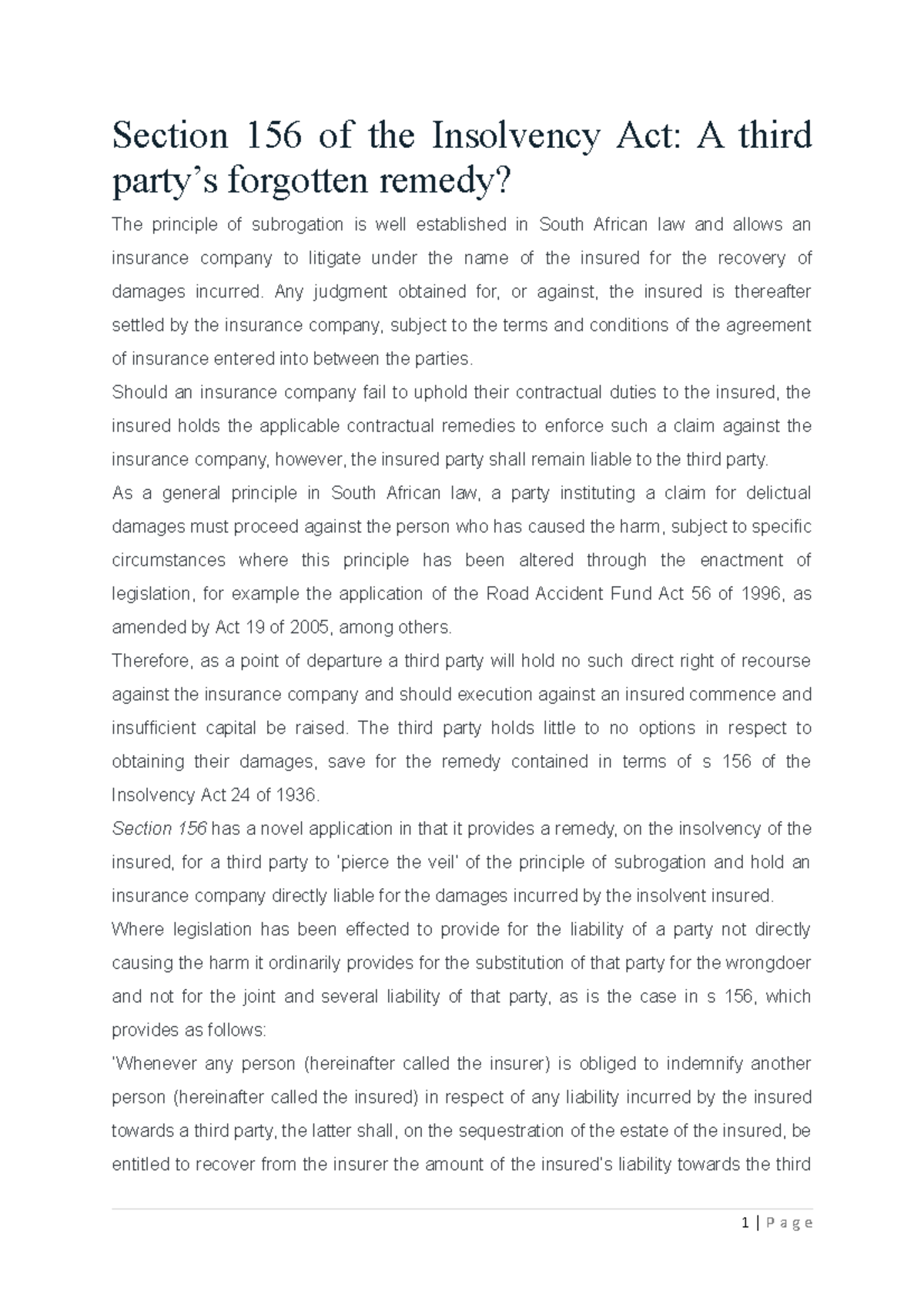 Section 156 of the Insolvency Act - Any judgment obtained for, or ...