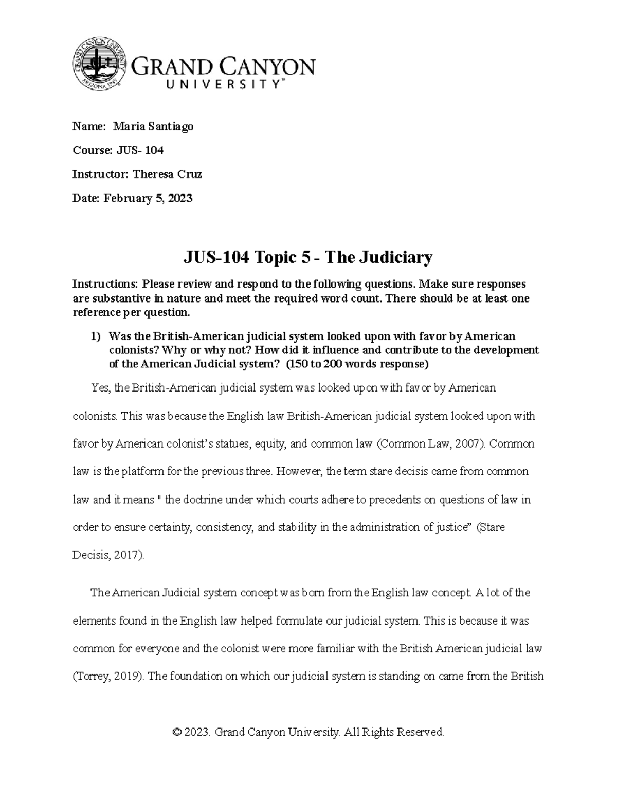 JUS-104 T5 Judiciary Worksheet - Name: Maria Santiago Course: JUS- 104 ...