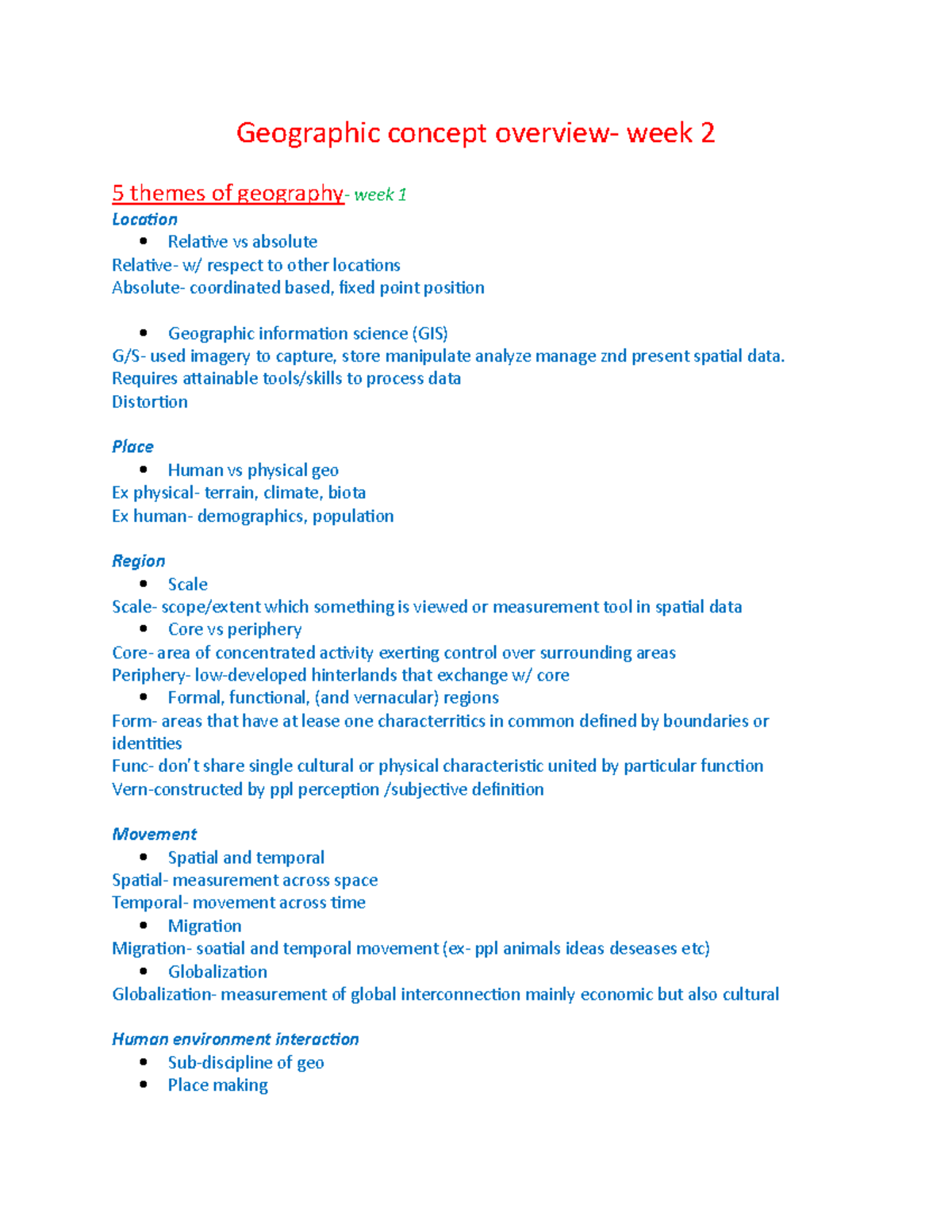 World geography notes - Geographic concept overview- week 2 5 themes of ...
