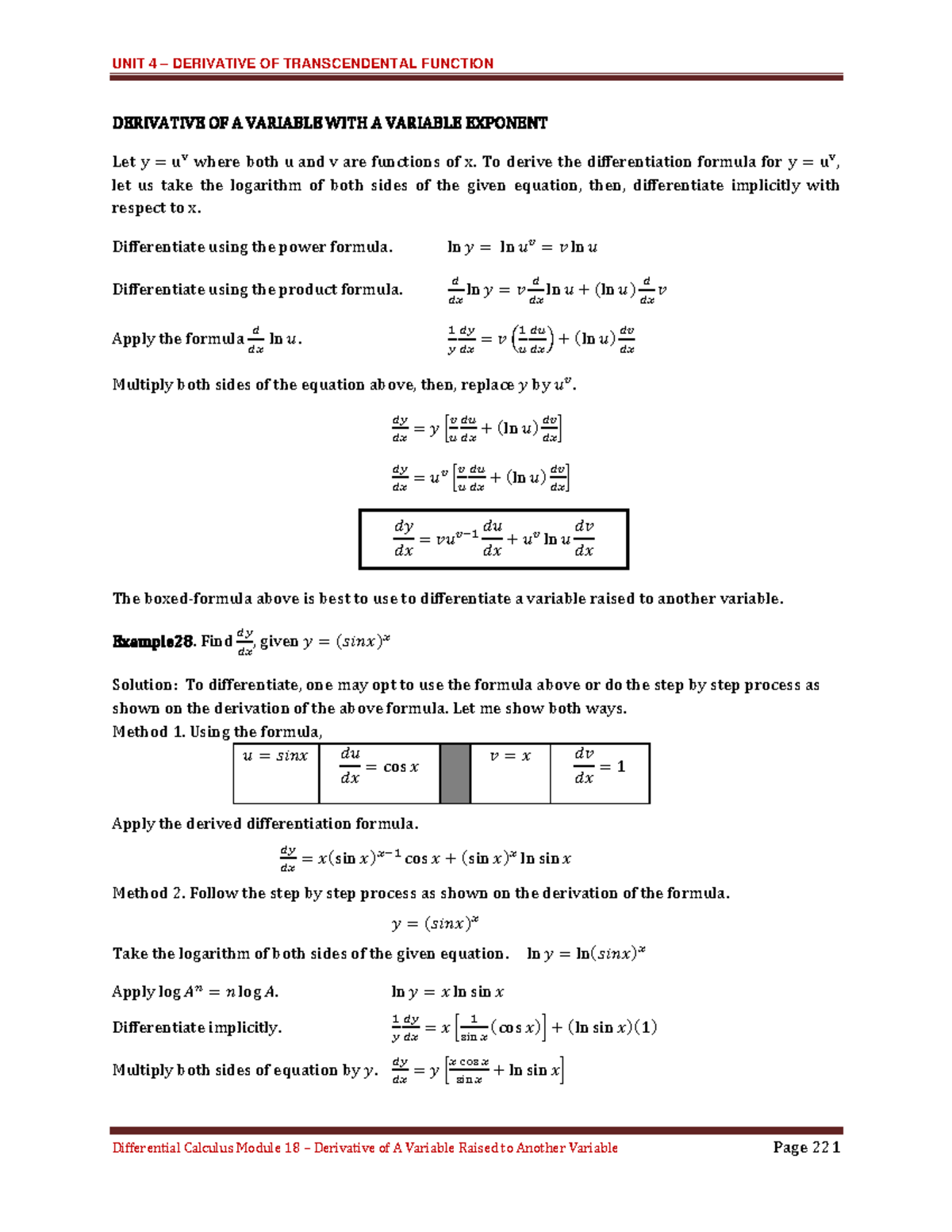 UNIT 4 Module 18 - Derivative OF A Variable WITH A Variable Exponent - DERIVATIVE OF A VARIABLE ...