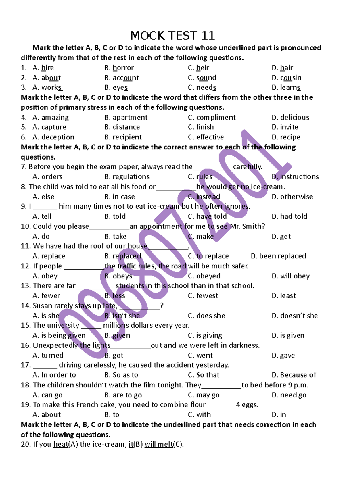MOCK TEST 11 - MOCK TEST 11 - MOCK TEST 11 Mark the letter A, B, C or D ...