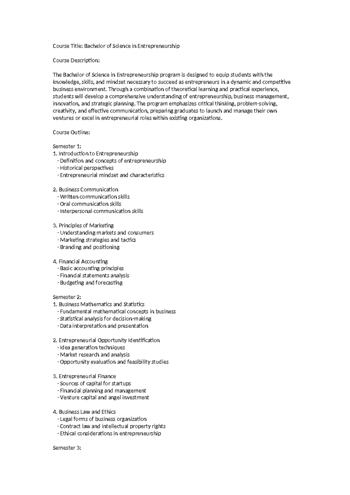 Course Outline BS Entrepreneurship - Course Title: Bachelor of Science ...