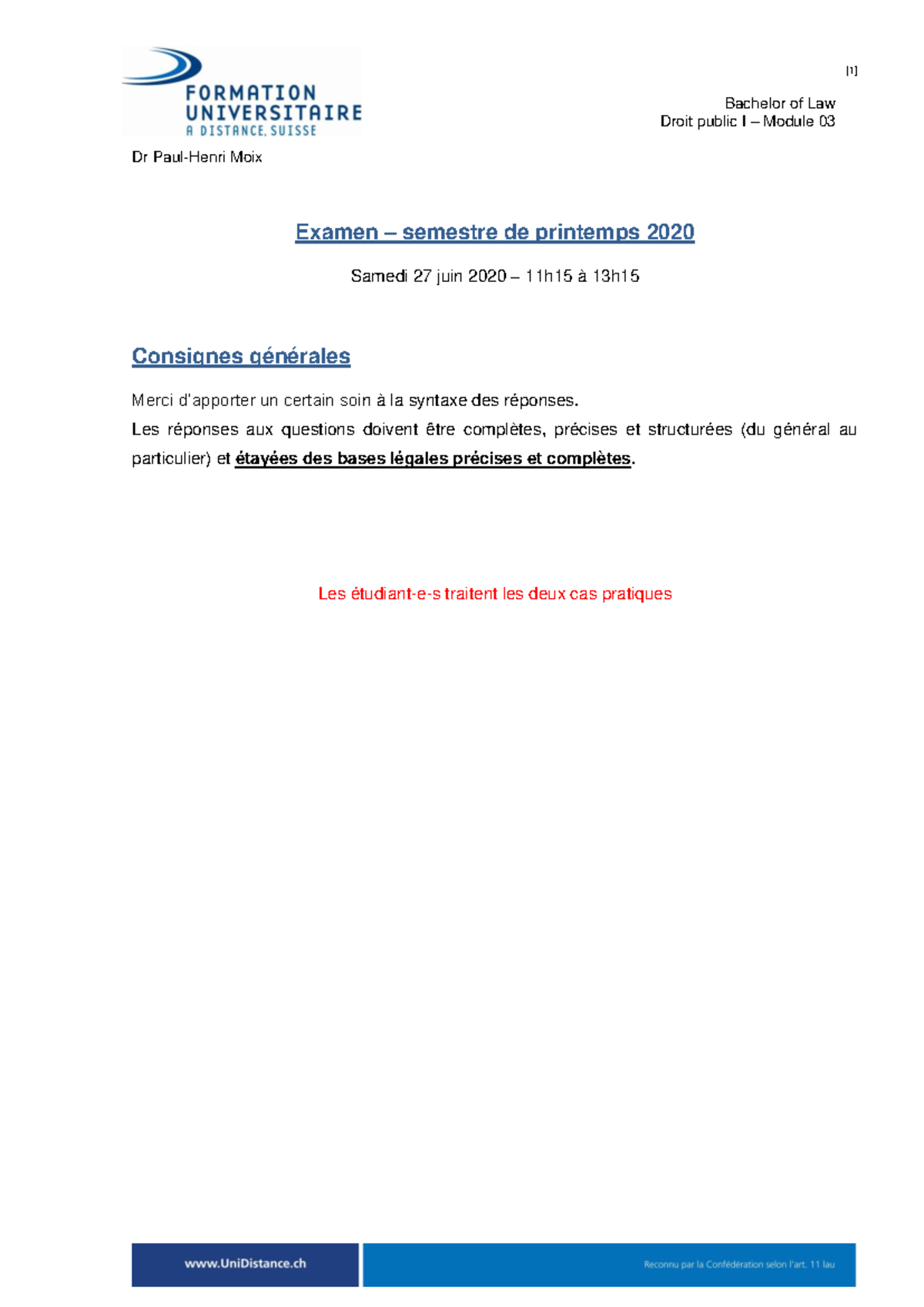 Examen SP2020 Corrigé - Bachelor of Law Droit public I – Module 03 Dr ...