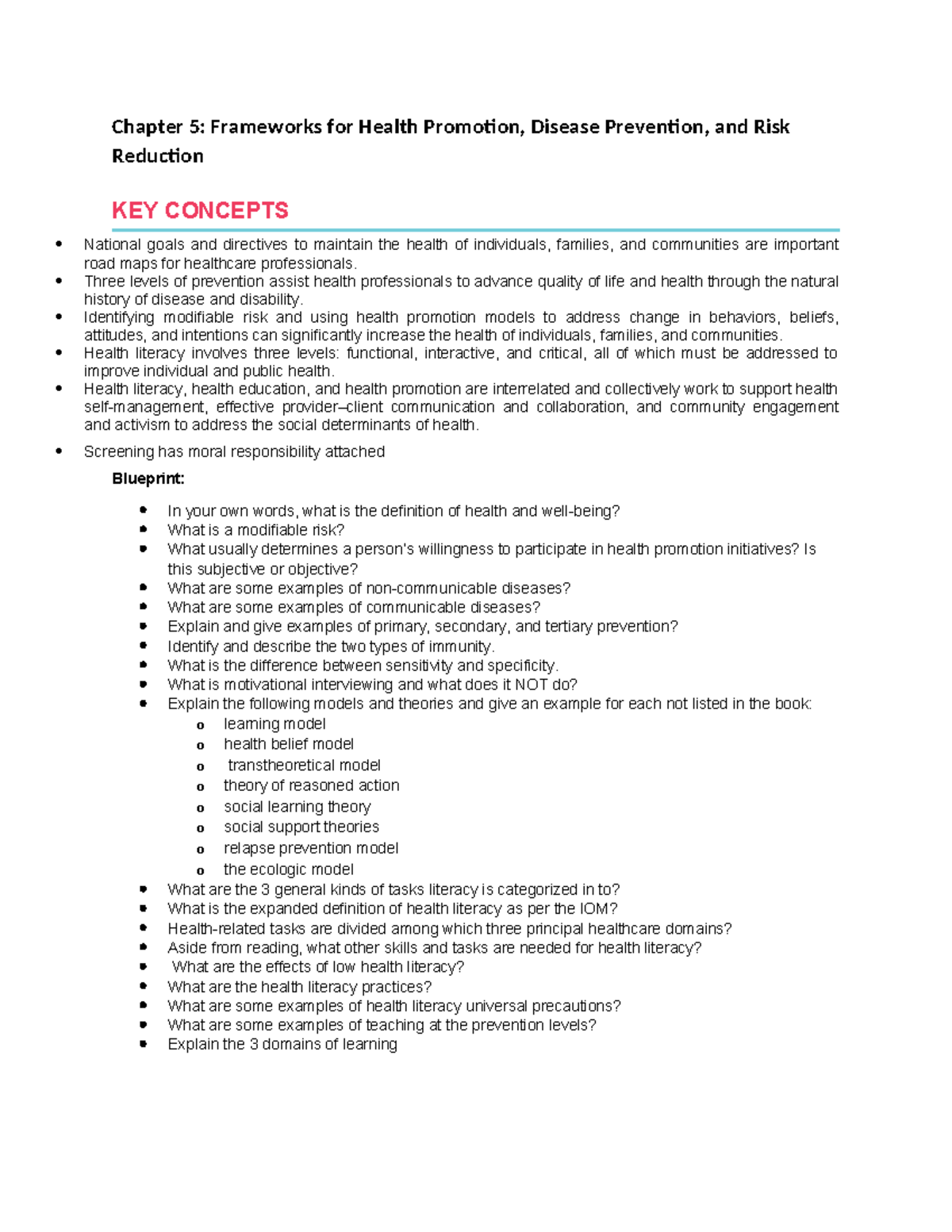 Chapter 5 blueprint - Chapter 5: Frameworks for Health Promotion ...