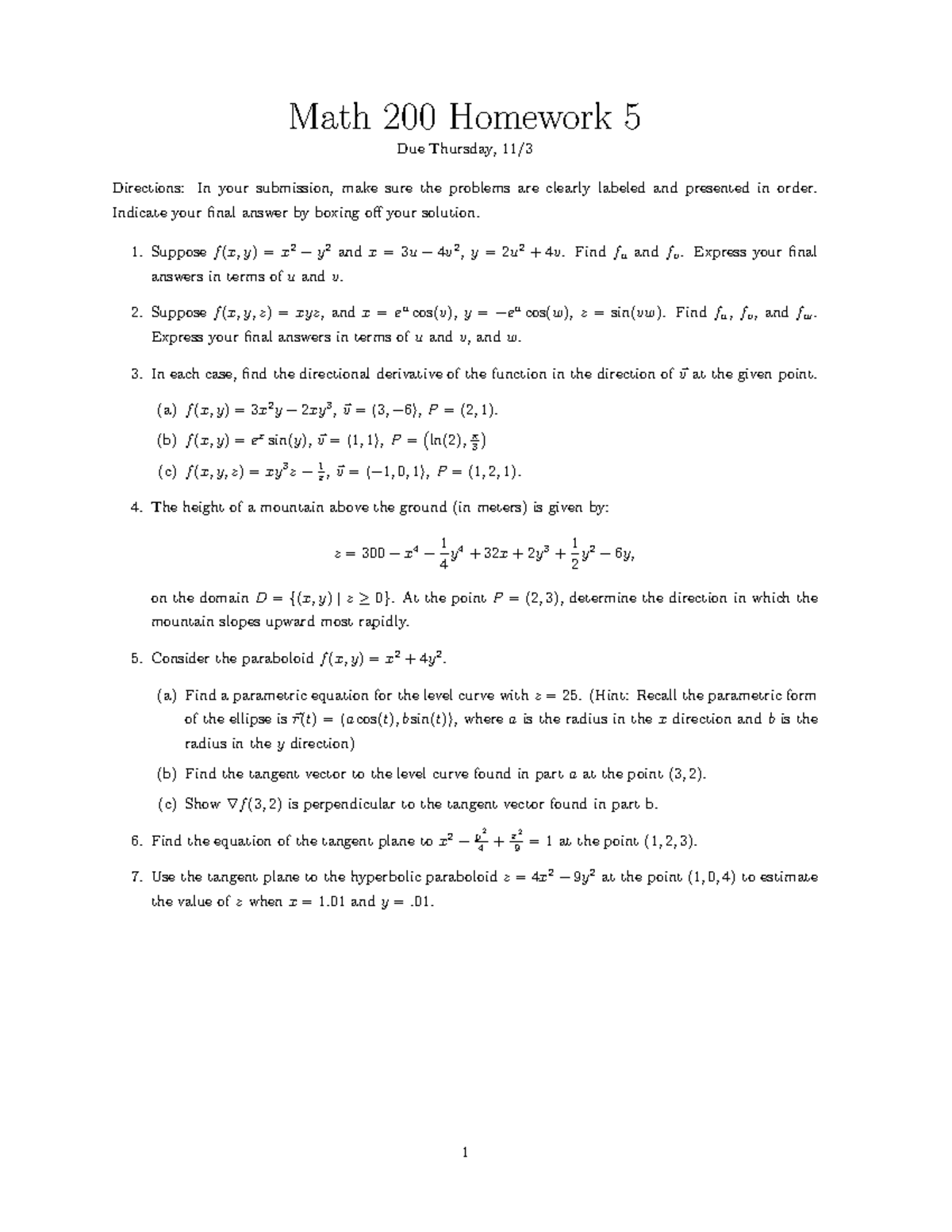 MATH 200 HW#5 Q's - Multivariate Calculus HW#5 Problems - Math 200 Homework 5 Due Thursday, 11 ...