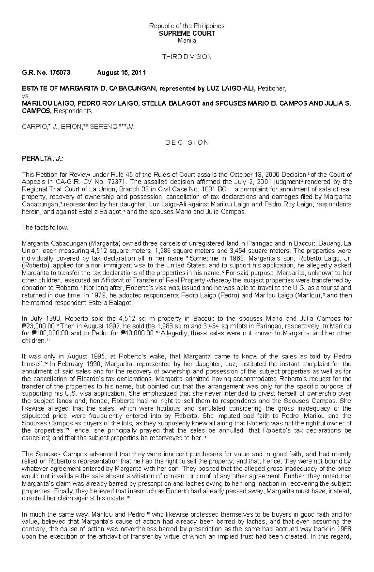 GR 175073 Cabacungan v. Laigo - Republic of the Philippines SUPREME ...