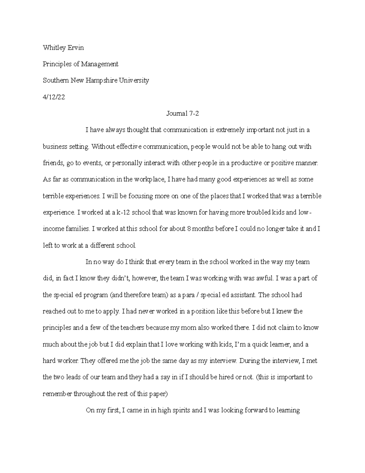 Principles of Management: Module 7 Journal - Whitley Ervin Principles ...