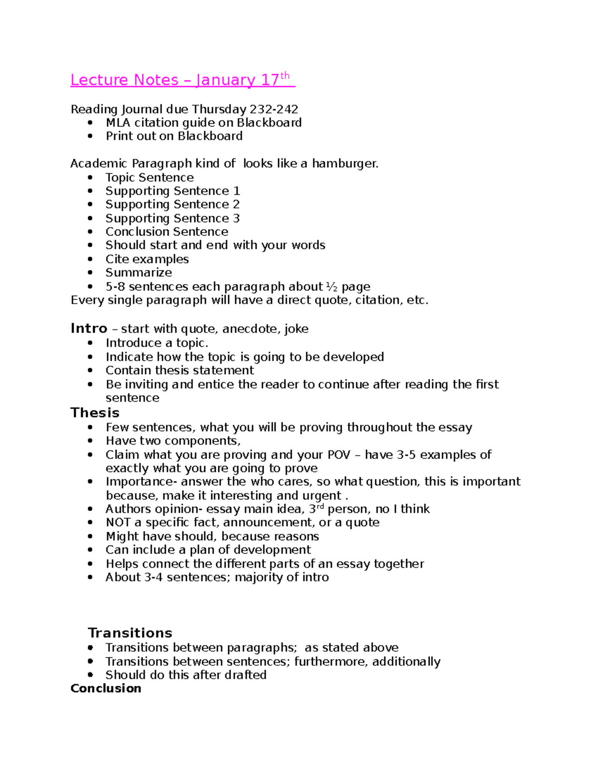 English 201- Lecture Notes 1:17:23 - Lecture Notes – January 17th ...