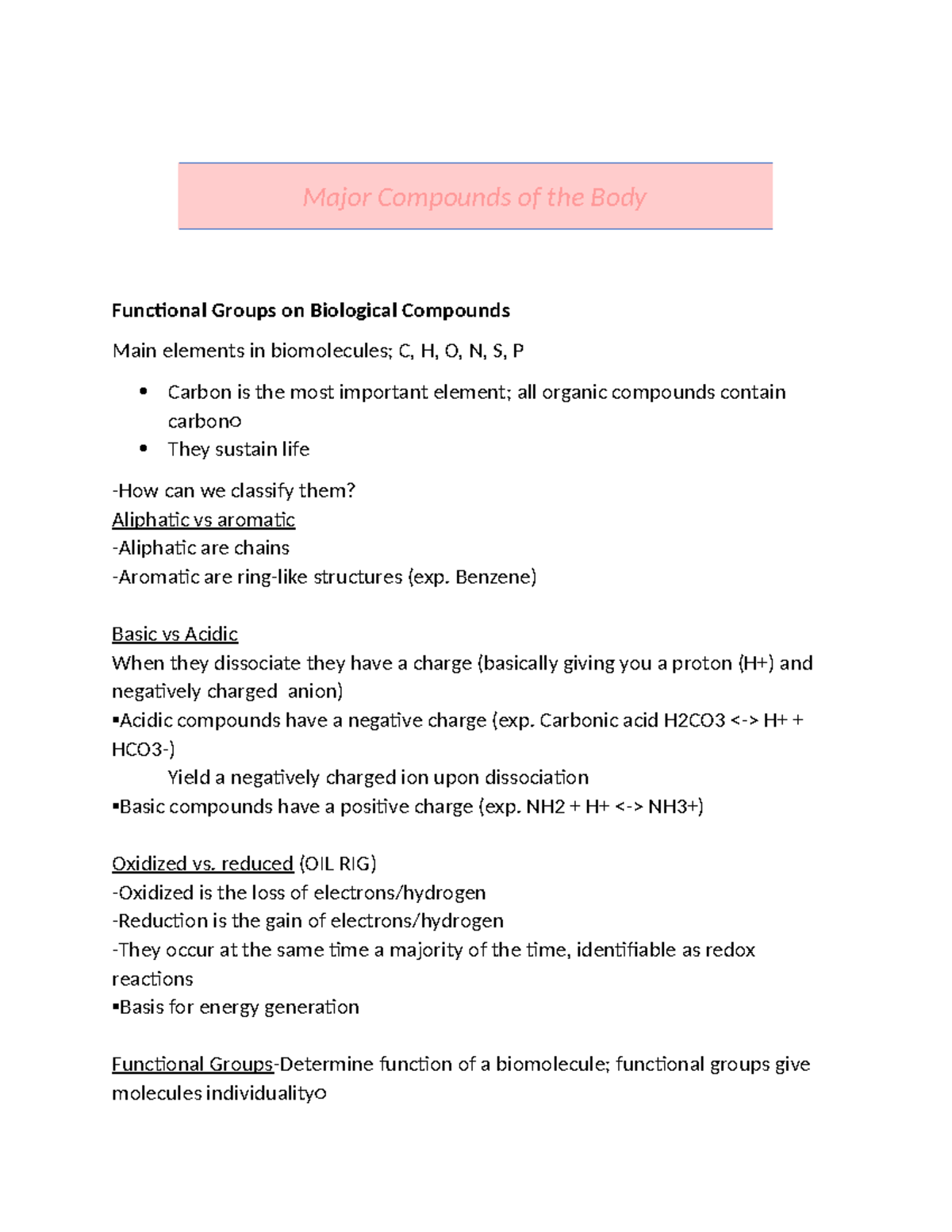 Major Compounds of the Body - Major Compounds of the Body Functional ...
