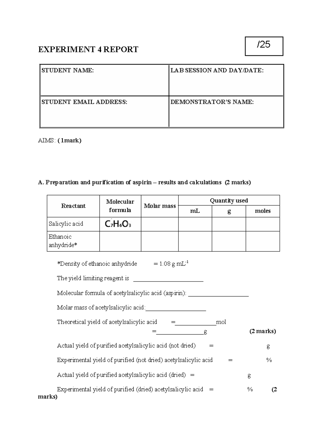 CZB190 Experiment 4 Report template-2 - EXPERIMENT 4 REPORT STUDENT NAME: LAB SESSION AND DAY ...