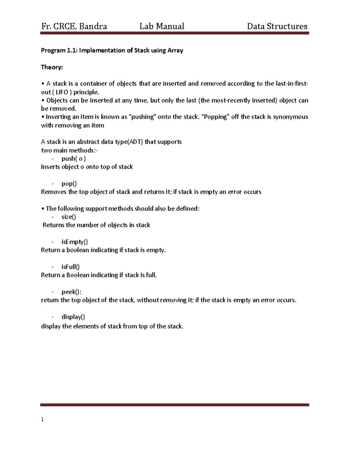 DS Lab manaual 18 19 - Summary Data Structures - Fr. CRCE, Bandra Lab ...