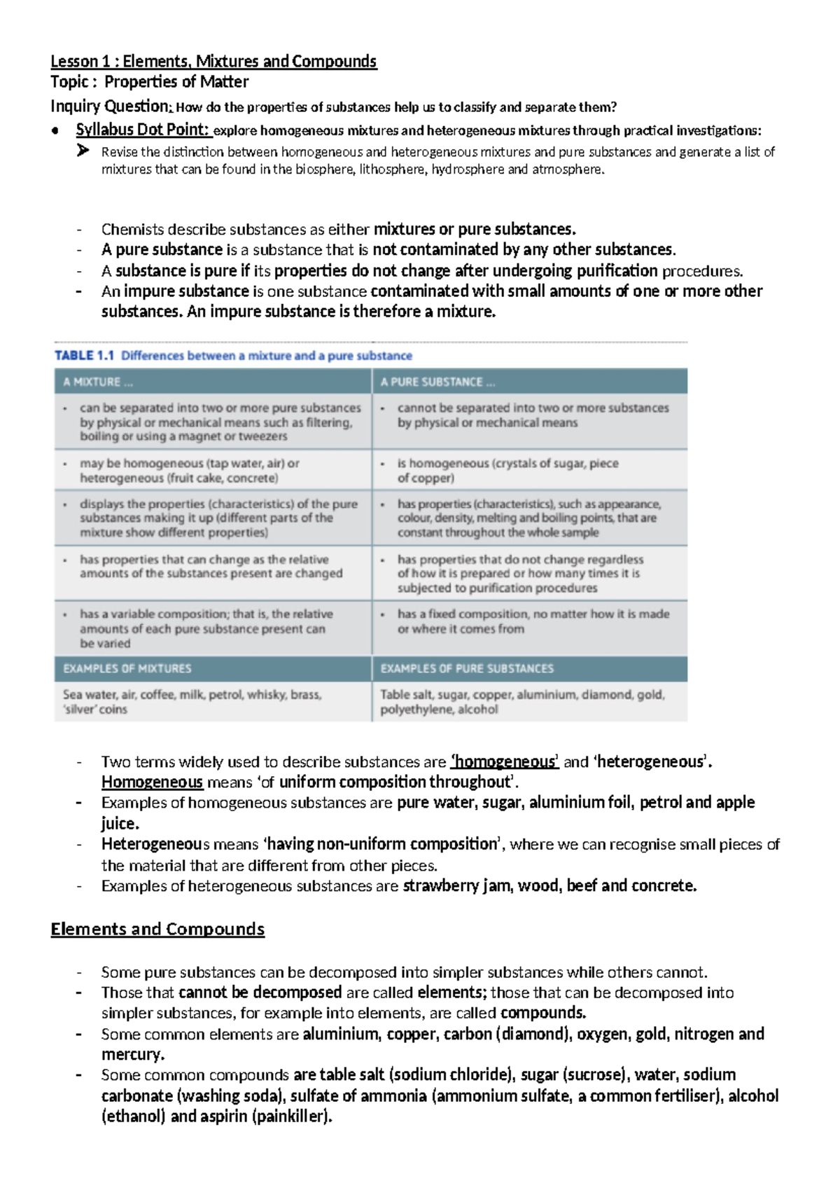 Lesson 1 Elements, compounds and mixtures - Lesson 1 : Elements ...