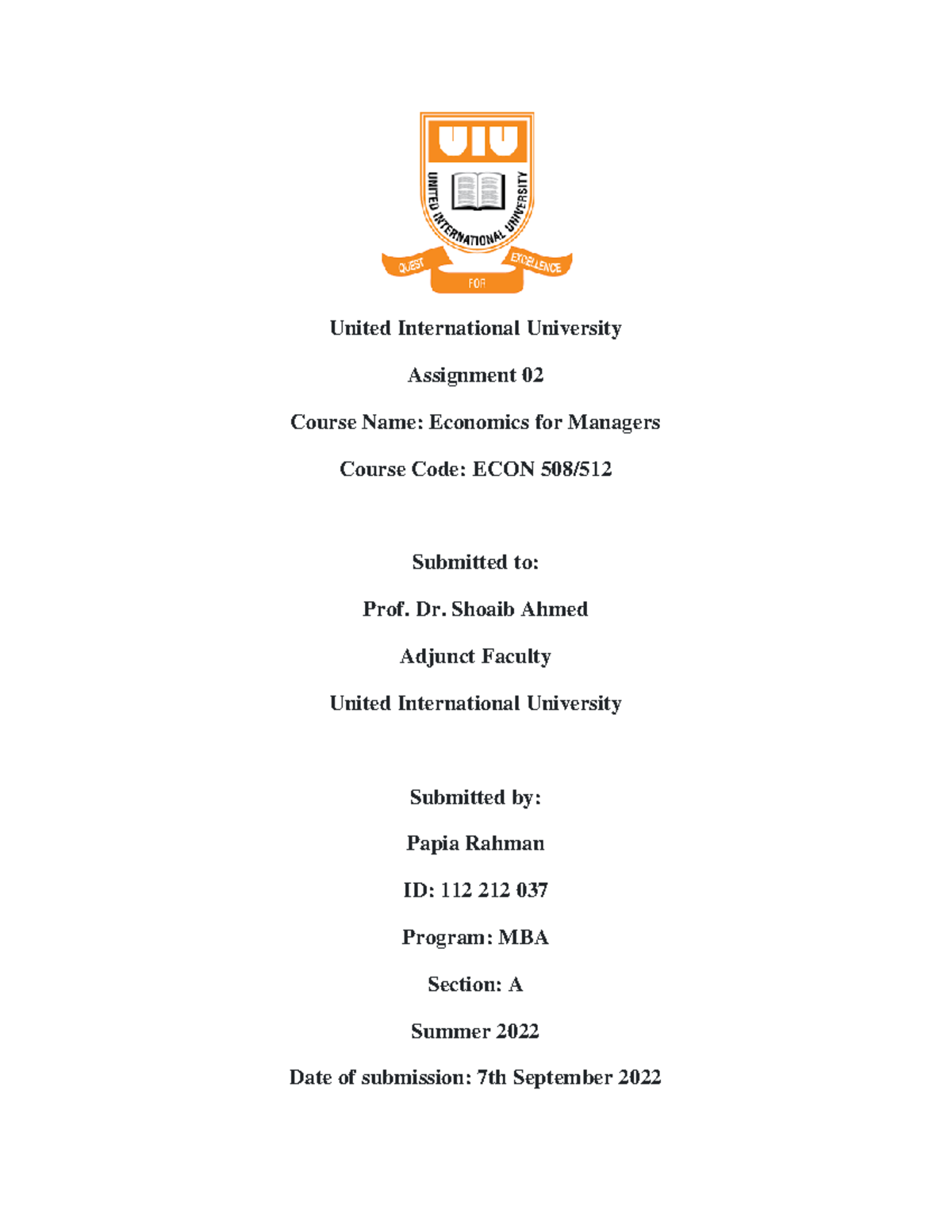 Papia Rahman(112 212 037) - United International University Assignment 02 Course Name: Economics ...