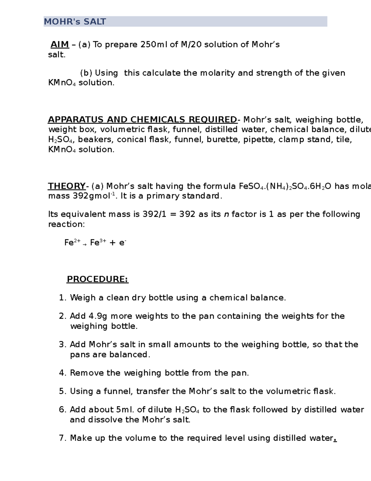 253259674-Mohr - jhufkytf uhg - MOHR's SALT AIM – (a) To prepare 250ml ...