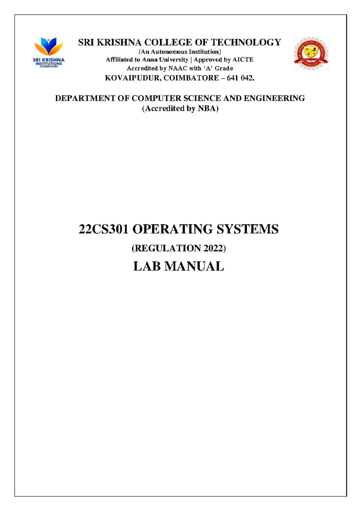 Operating System LAB Manuals - SRI KRISHNA COLLEGE OF TECHNOLOGY (An ...