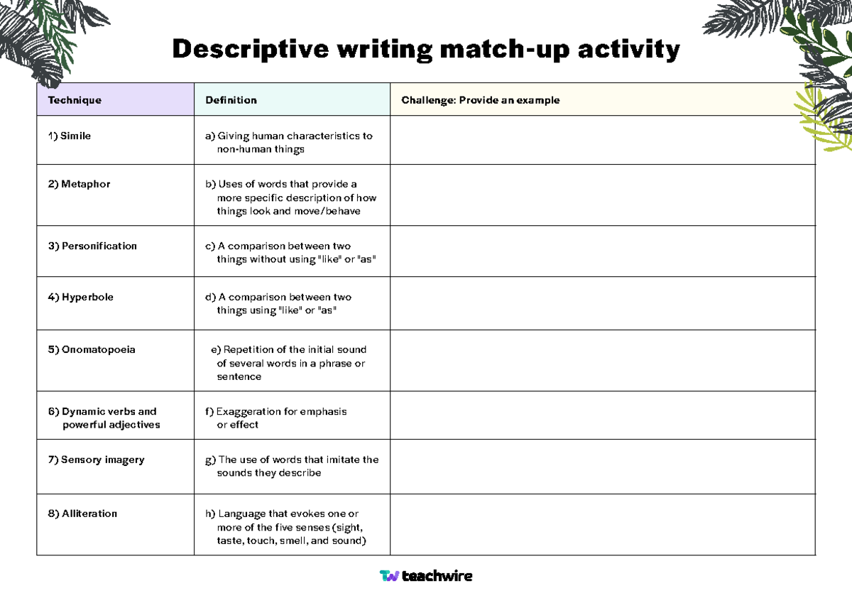Descriptive writing match-up worksheet - Technique Definition Challenge ...