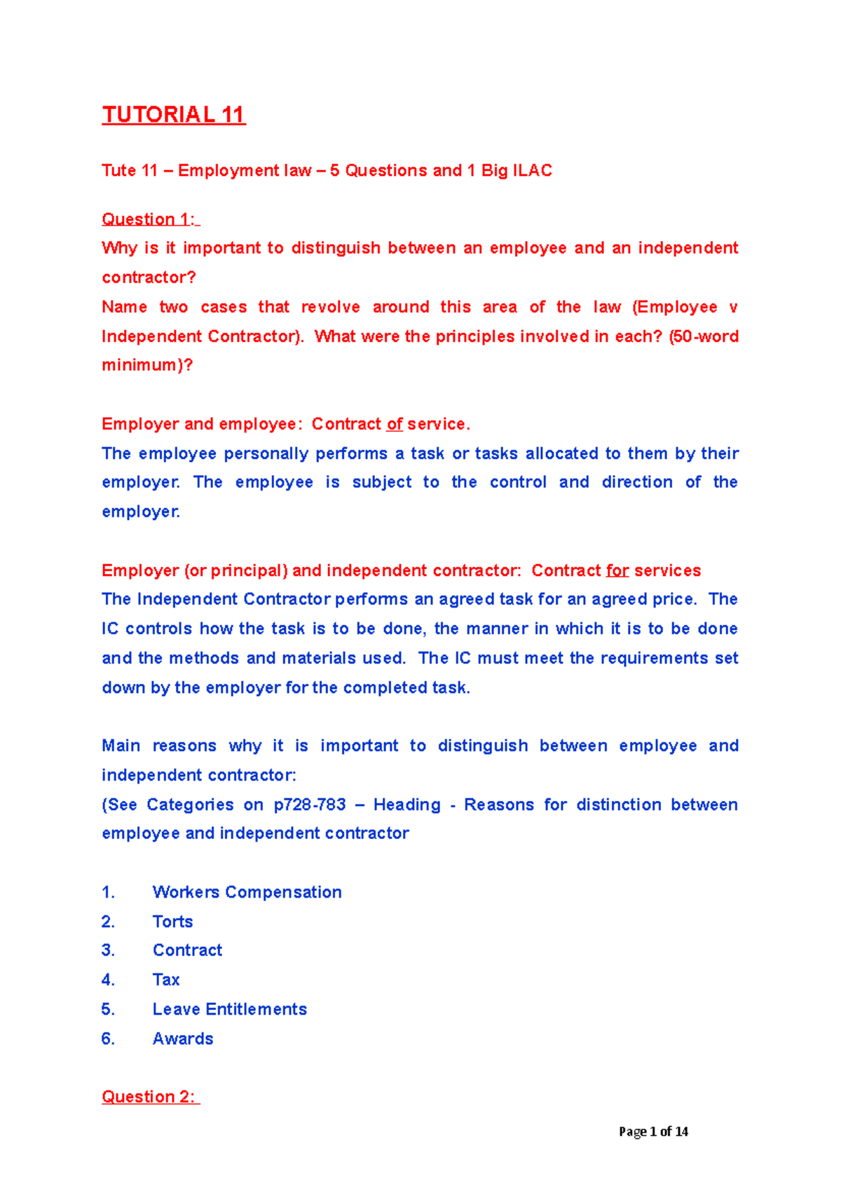 T2, 2020 2105AFE - Tute 11 - week 12 - Model Answer - Employment Law ...