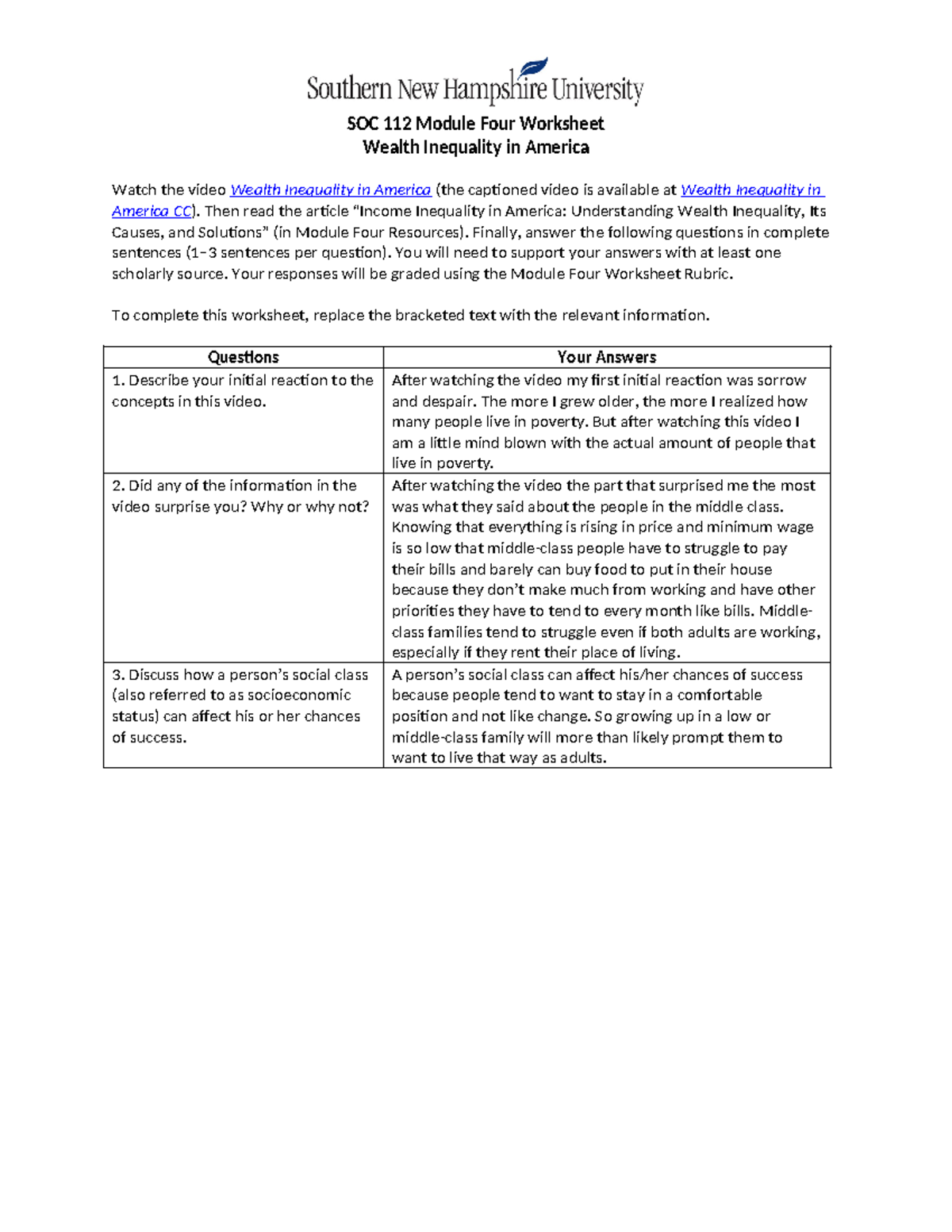 SOC Module Four Worksheet - SOC 112 Module Four Worksheet Wealth ...