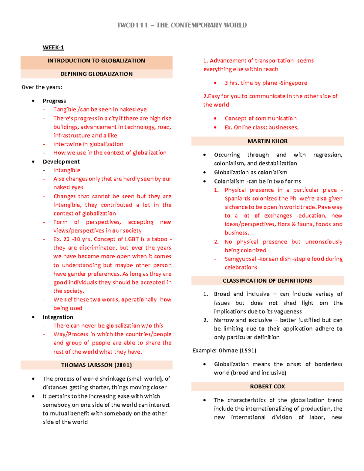 WK-1- Globalization in the contemporary world - TWCD111 – THE ...