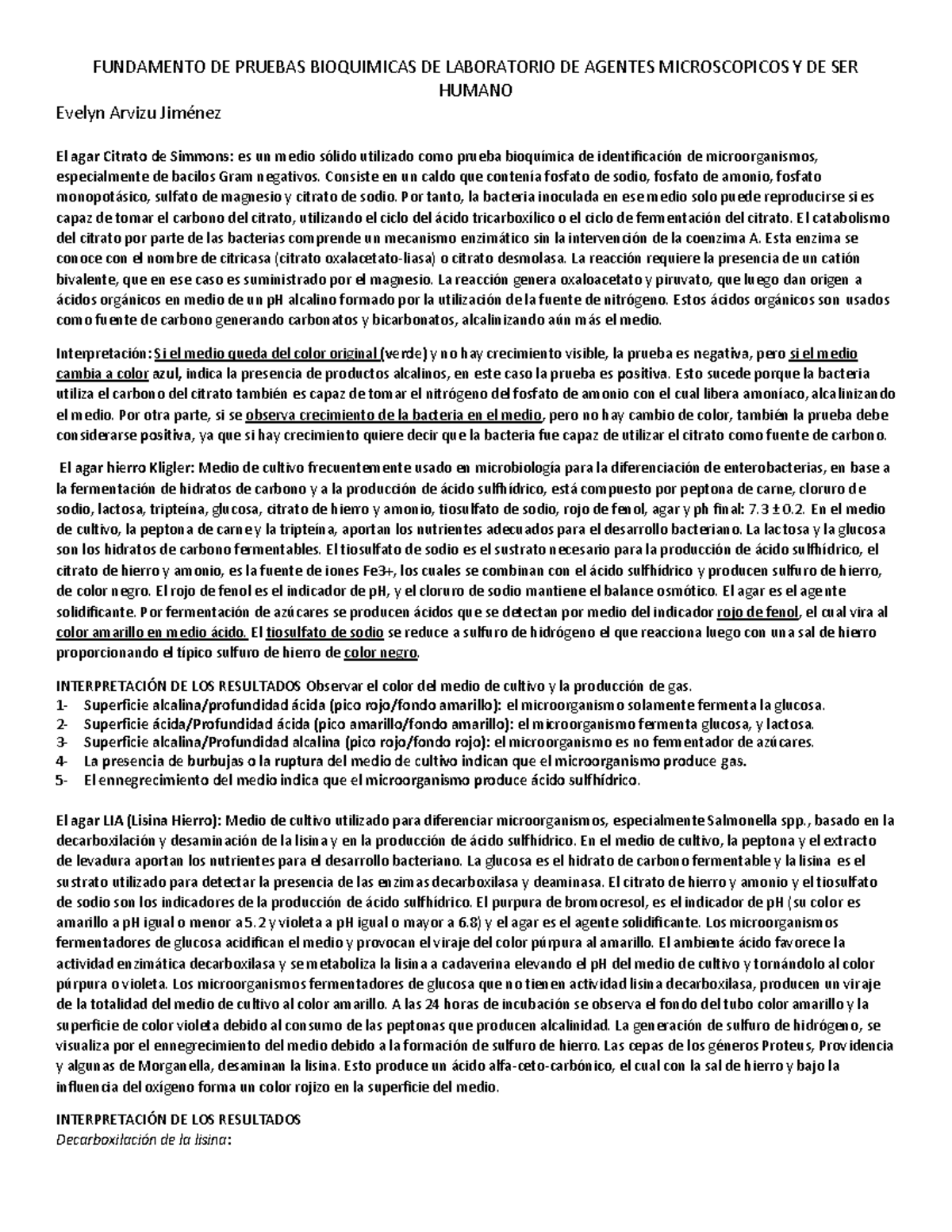 Pruebas bioquimicas de laboratorio - HUMANO Evelyn Arvizu JimÈnez El ...