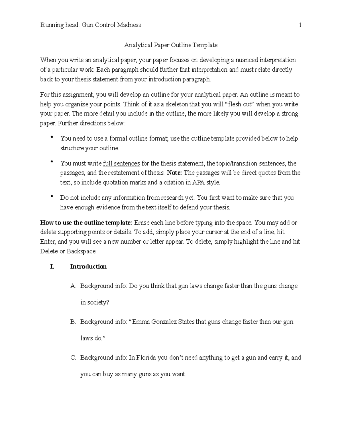 ENGL 240 Analytical Outline Template - Running head: Gun Control ...