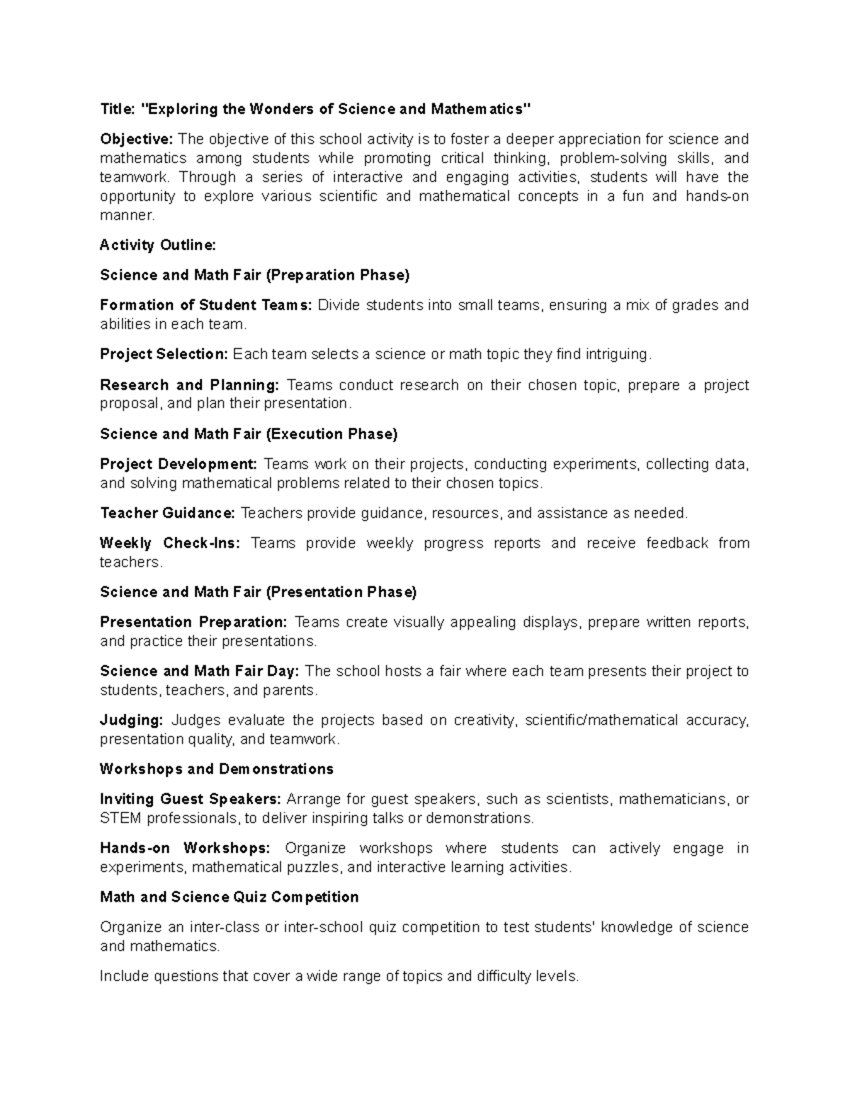 Scimath Proposal - Title: "Exploring the Wonders of Science and ...