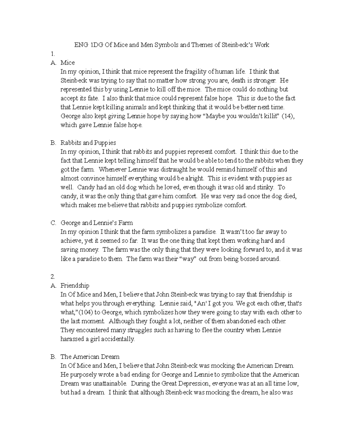 ENG 1DG Of Mice and Men Symbols and Themes of Steinbeck’s Work - A ...