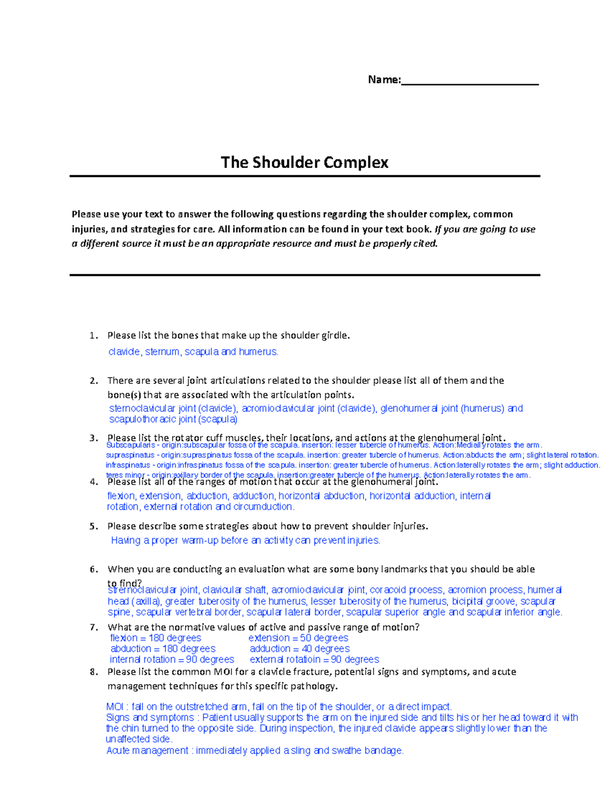 Shoulder assignment SPRG 18 - Name:_______________________ The Shoulder ...