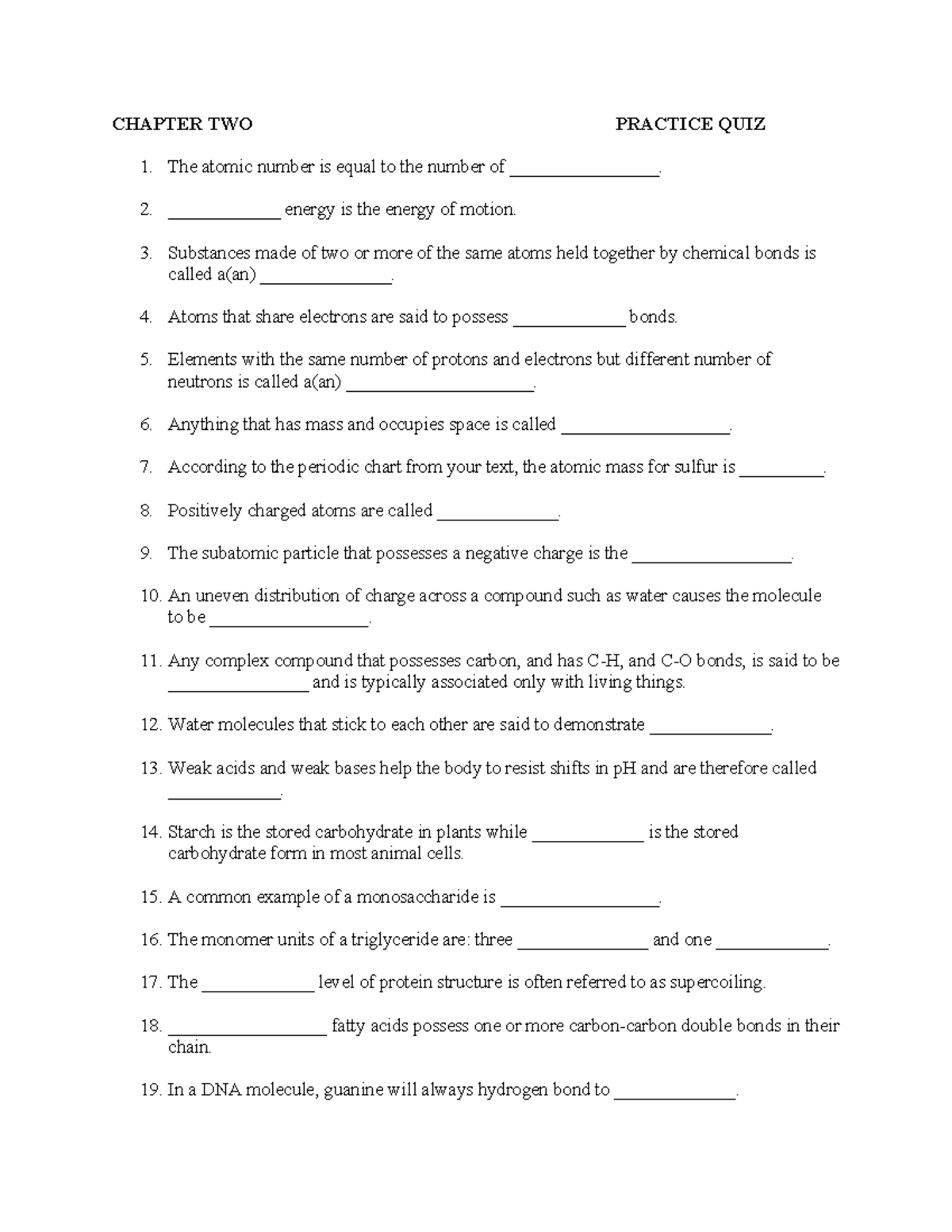 Practice Quiz 2 Complete - CHAPTER TWO PRACTICE QUIZ The atomic number ...