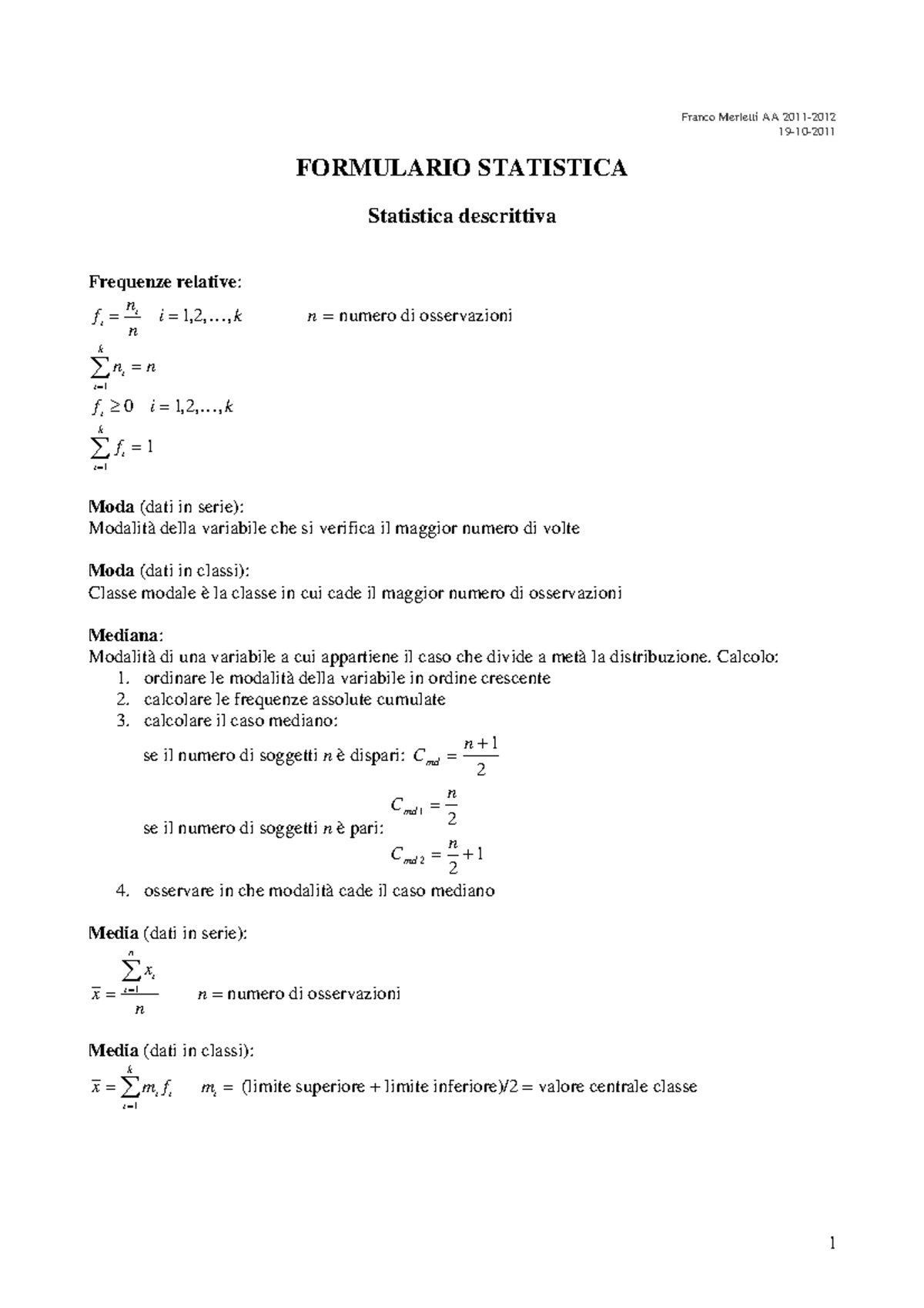 Formulario Statistica 21102015 - Franco Merletti AA FORMULARIO ...