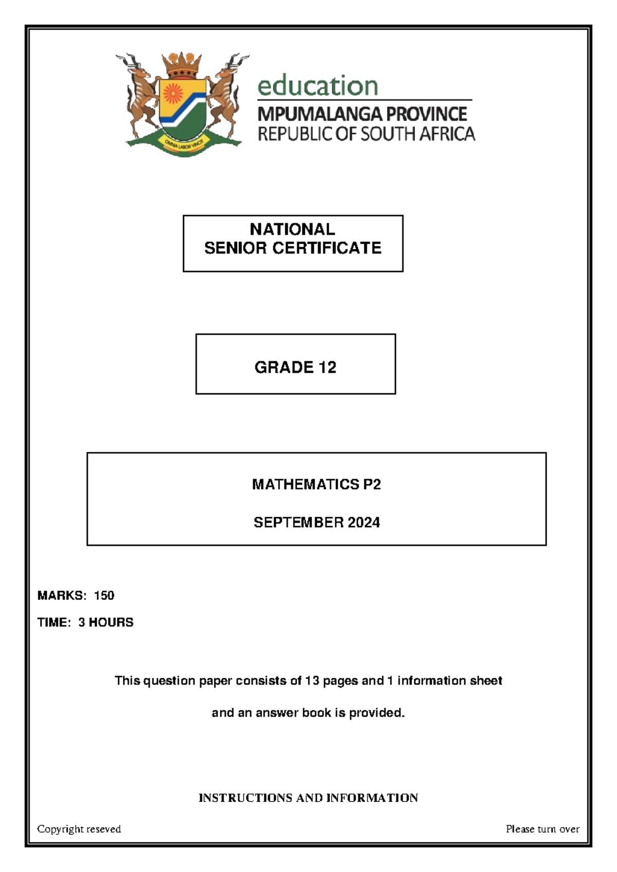 MP Mathematics P2 Trial 2024 EXAM - MARKS: 150 TIME: 3 HOURS This ...