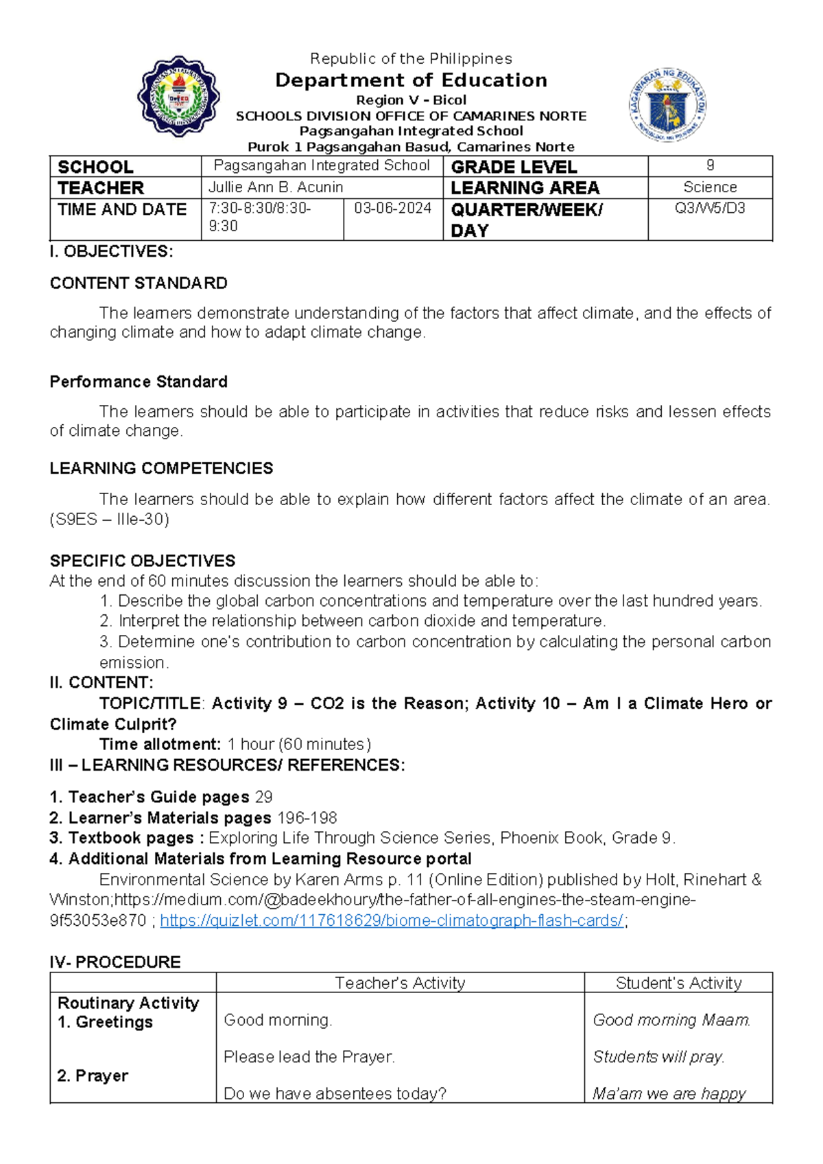 Activity climate culprit - Republic of the Philippines Department of Education Region V – Bicol ...