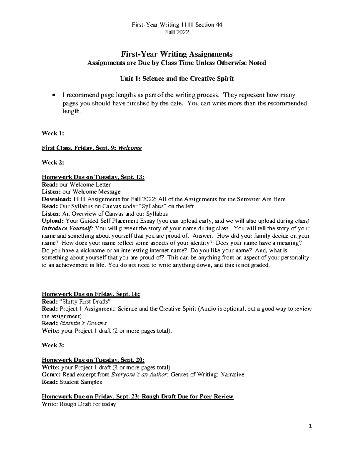 1111 Assignments for Fall 2022 - Fall 2022 First-Year Writing Assignments Assignments are Due by ...