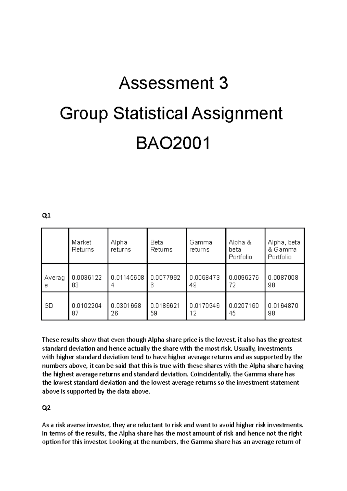 BAO2001 - Assessment 3 - Full group assignment - Assessment 3 Group Statistical Assignment BAO Q ...