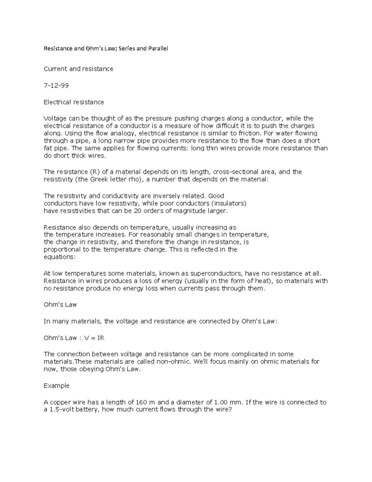 Phys Chap 3 - Lecture notes 3 - Resistance and Ohm's Law; Series and ...