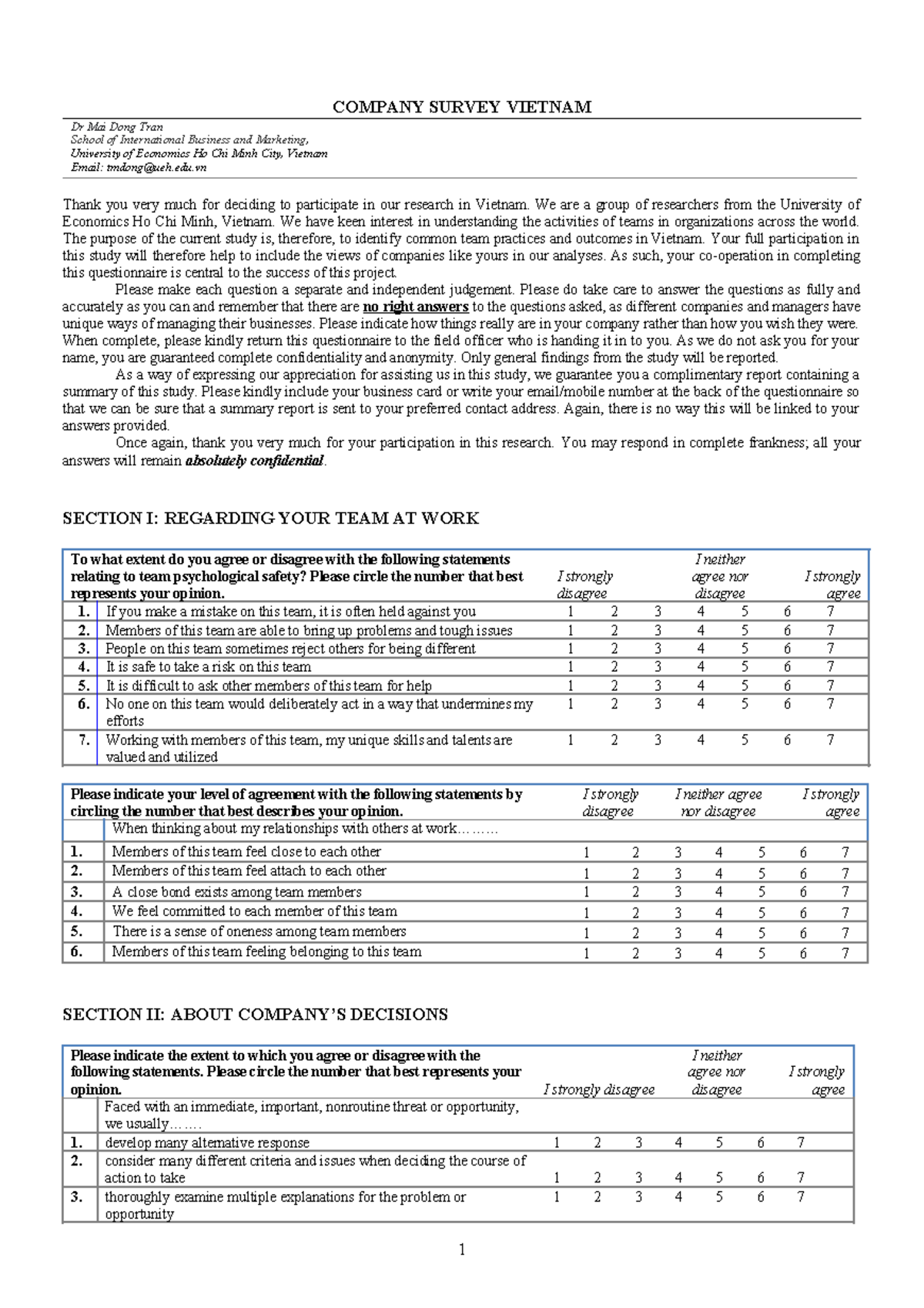 Questionnaire TMT Psychological safety - COMPANY SURVEY VIETNAM Dr Mai ...