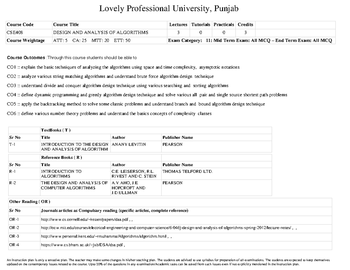 Cse408 Design And Analysis Of Algorithms 8 Lovely Professional University Punjab Course Code 6619