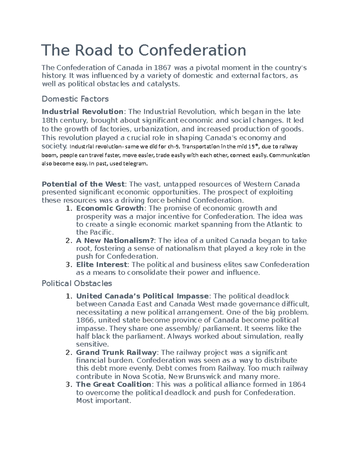 Hist ch-10 notes - The Road to Confederation The Confederation of ...
