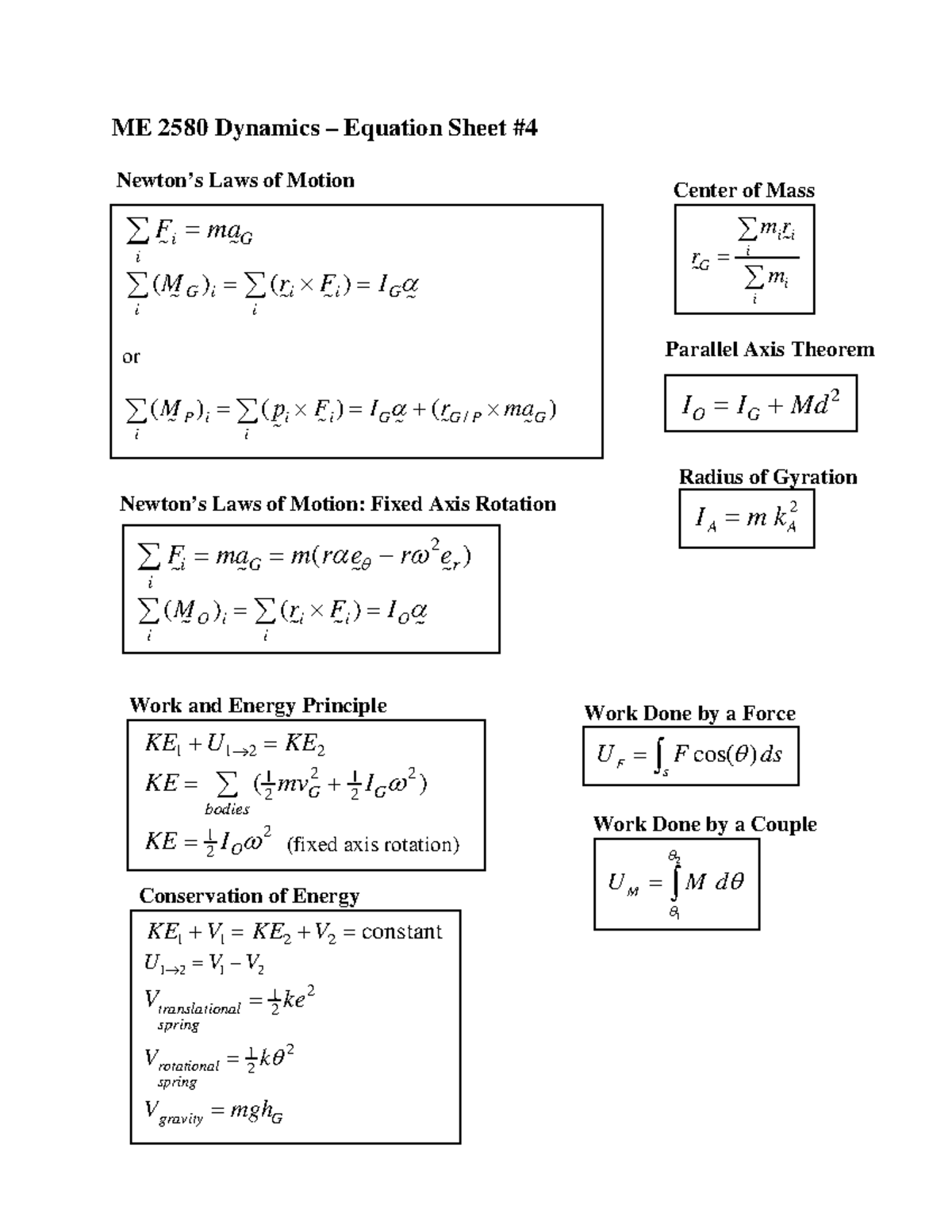 ME258Equation Sheet 04 - ME 2580 Dynamics – Equation Sheet iG i F =ma ∑ ...
